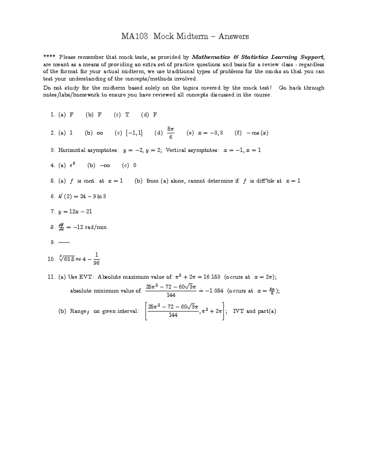 MA103 Mock Midterm W25 Practice Questions for Exam Review - Studocu