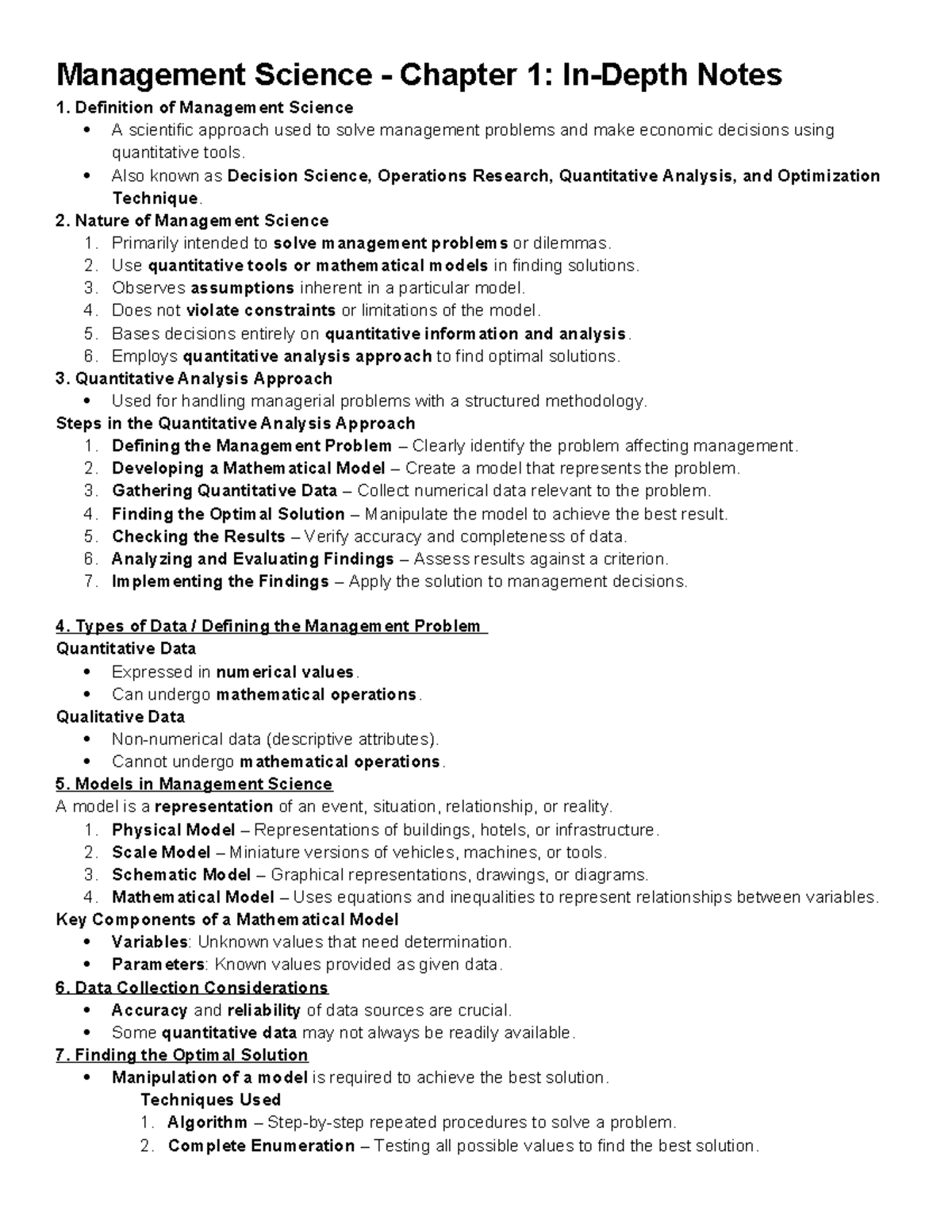 Management Science - Chapter 1 In-Depth Notes Overview - Studocu