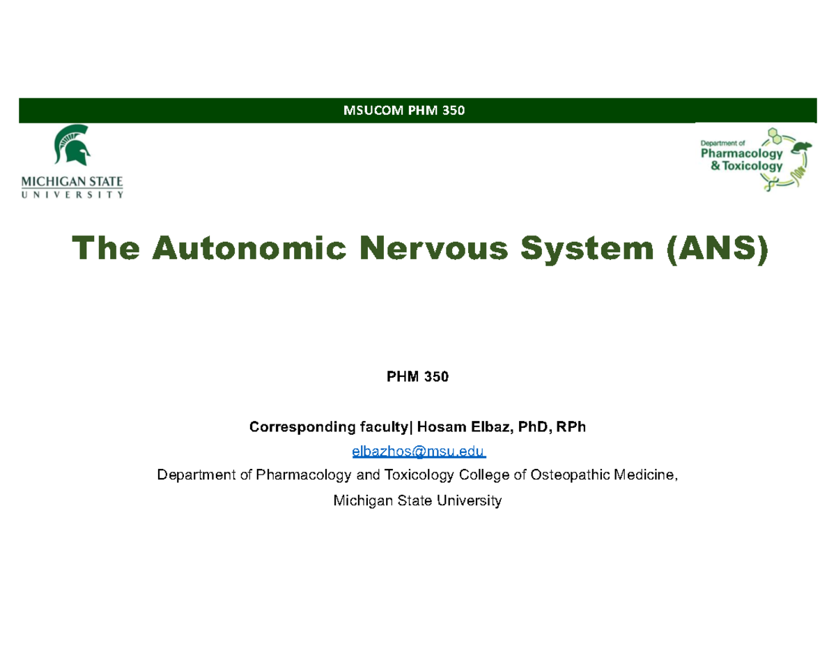 Biology of the Autonomic Nervous System - MSUCOM PHM 350 Lecture Notes ...