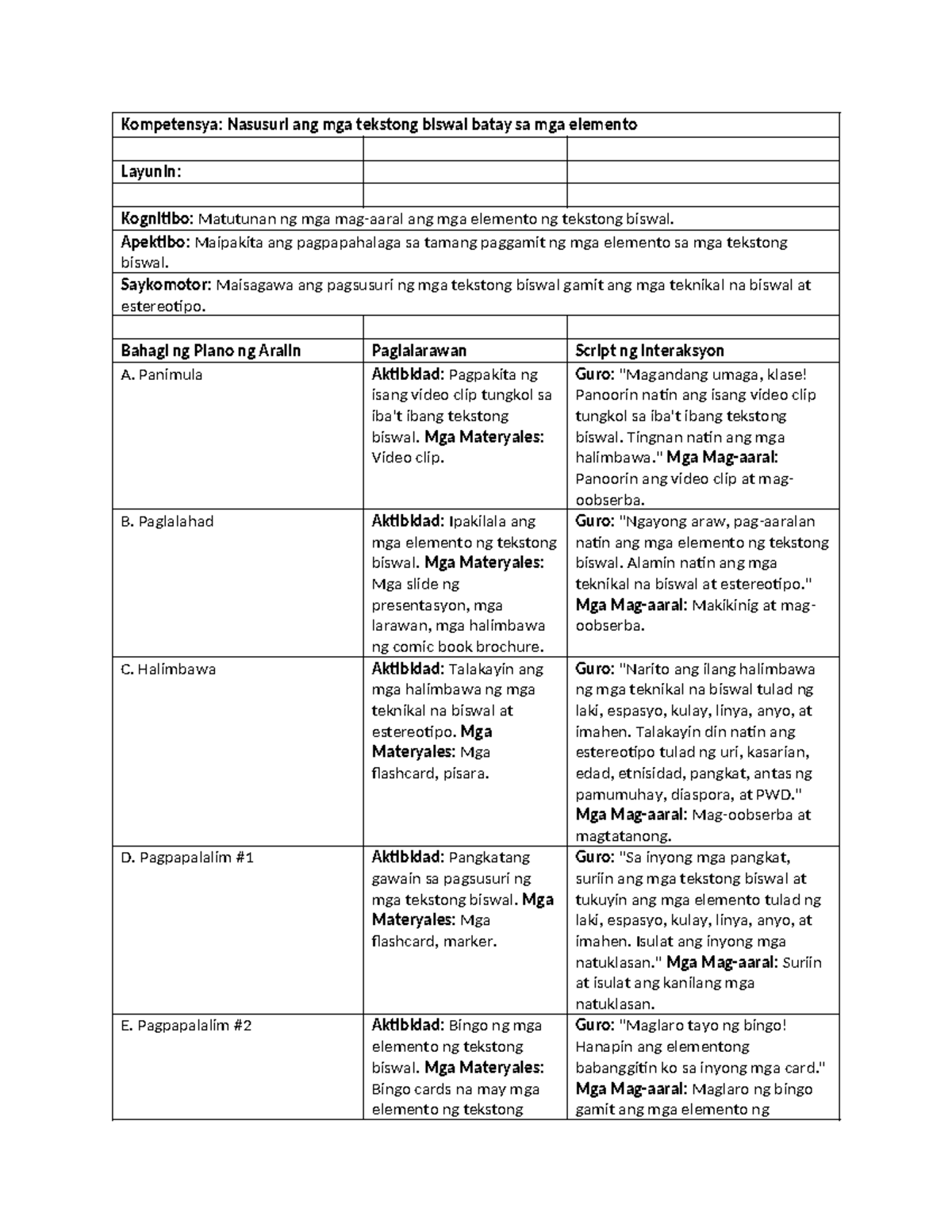 DLP 5 - Pagsusuri ng mga Tekstong Biswal at mga Elemento - Studocu