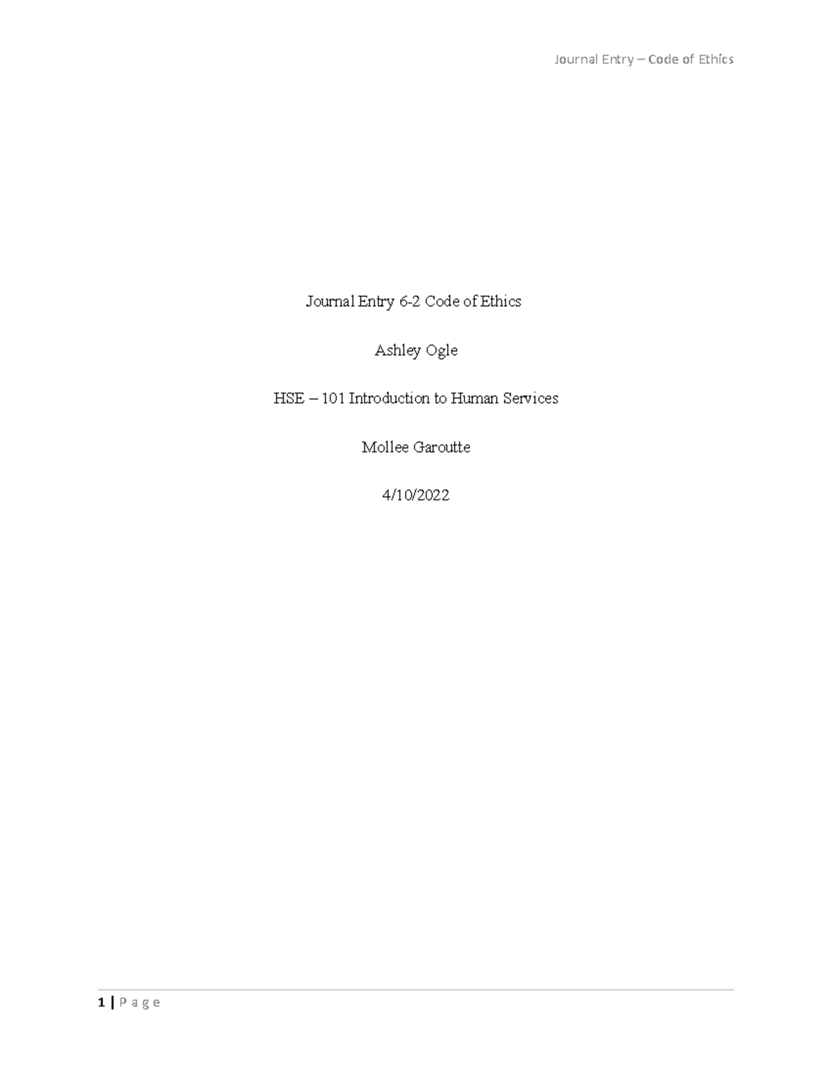 Journal Entry 6-2 Code of Ethics - Journal Entry – Code of Ethics ...