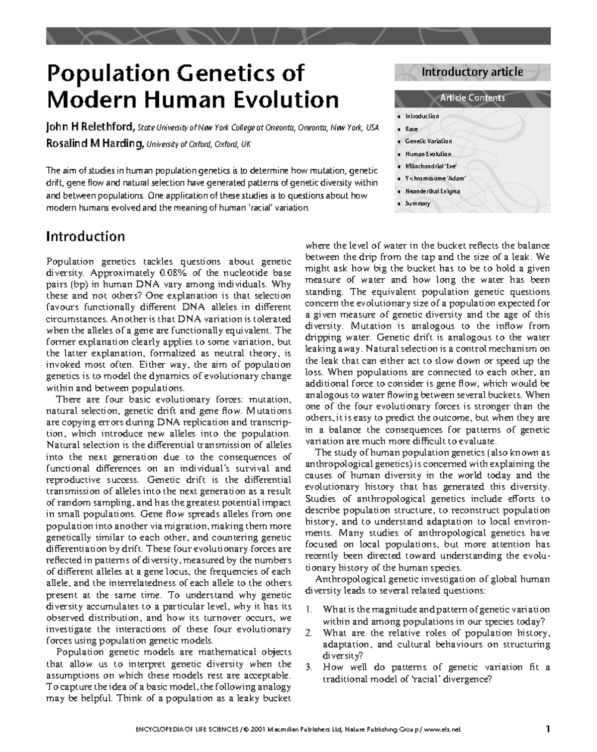 Population Genetics and Models in Modern Human Evolution (BIO 301 ...