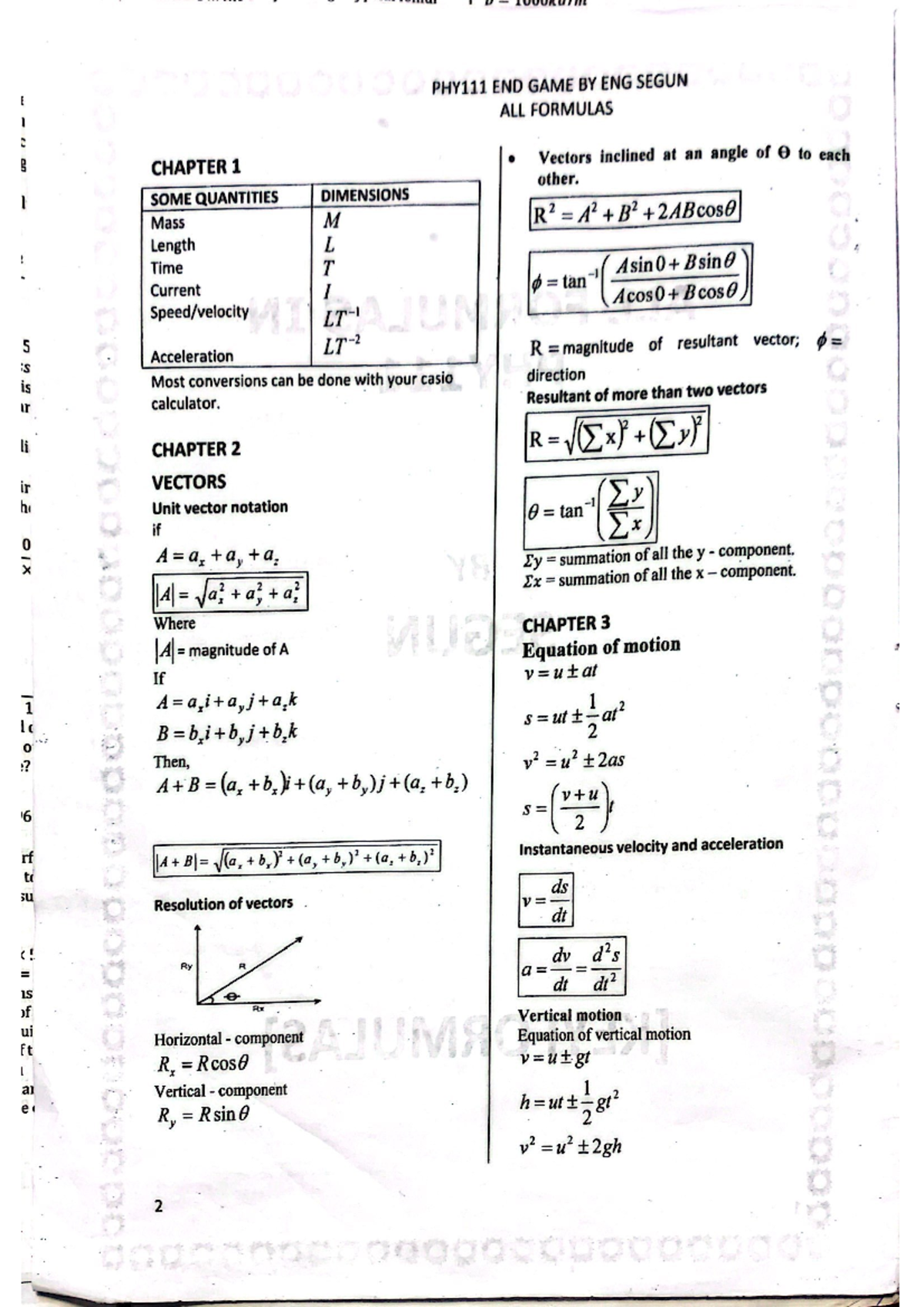 Phy 111: All Formulas Simplified for Easy Understanding - Studocu