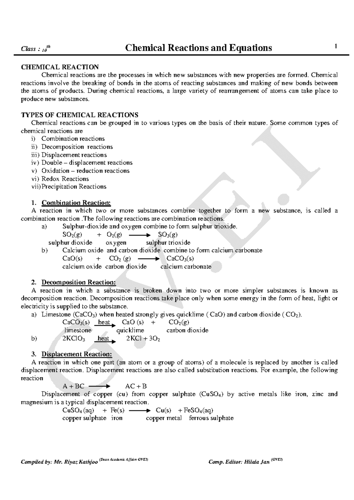 10th Grade Chemistry: Chemical Reactions & Equations Overview - Studocu