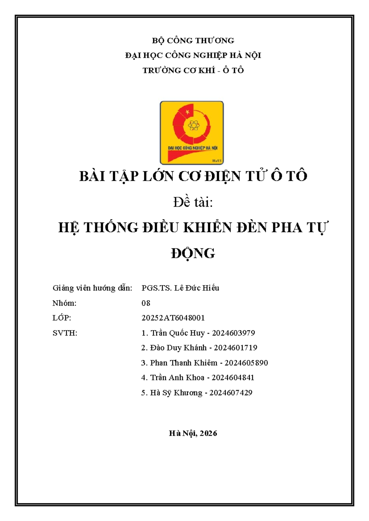 Bài Tập Lớn Cơ Điện Tử Ô Tô: Hệ Thống Điều Khiển Đèn Pha Tự Động - Nhóm ...
