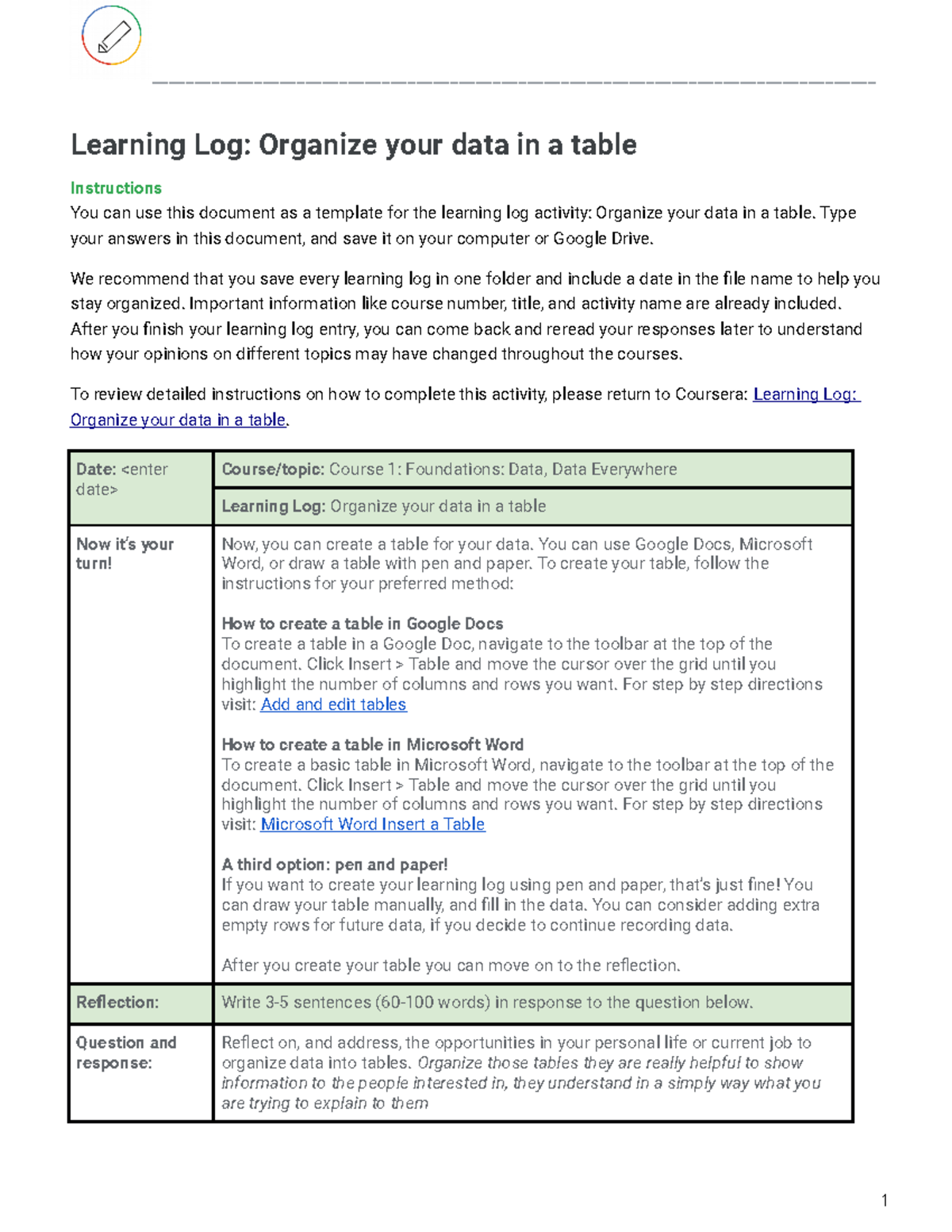 Learning Log Template Organize your data in a table - - Studocu