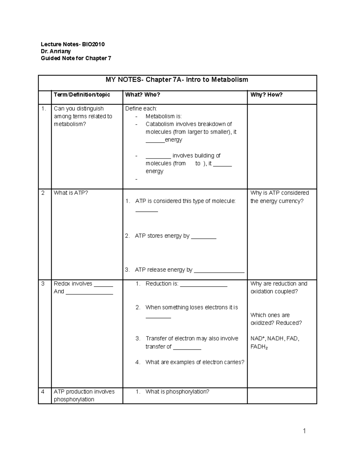 Guided Notes on Metabolism - Chapter 7 for BIO2010 Lecture - Studocu