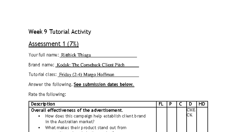 Week 9 Tutorial Activity Assessment 1: Kodak Client Pitch Analysis ...