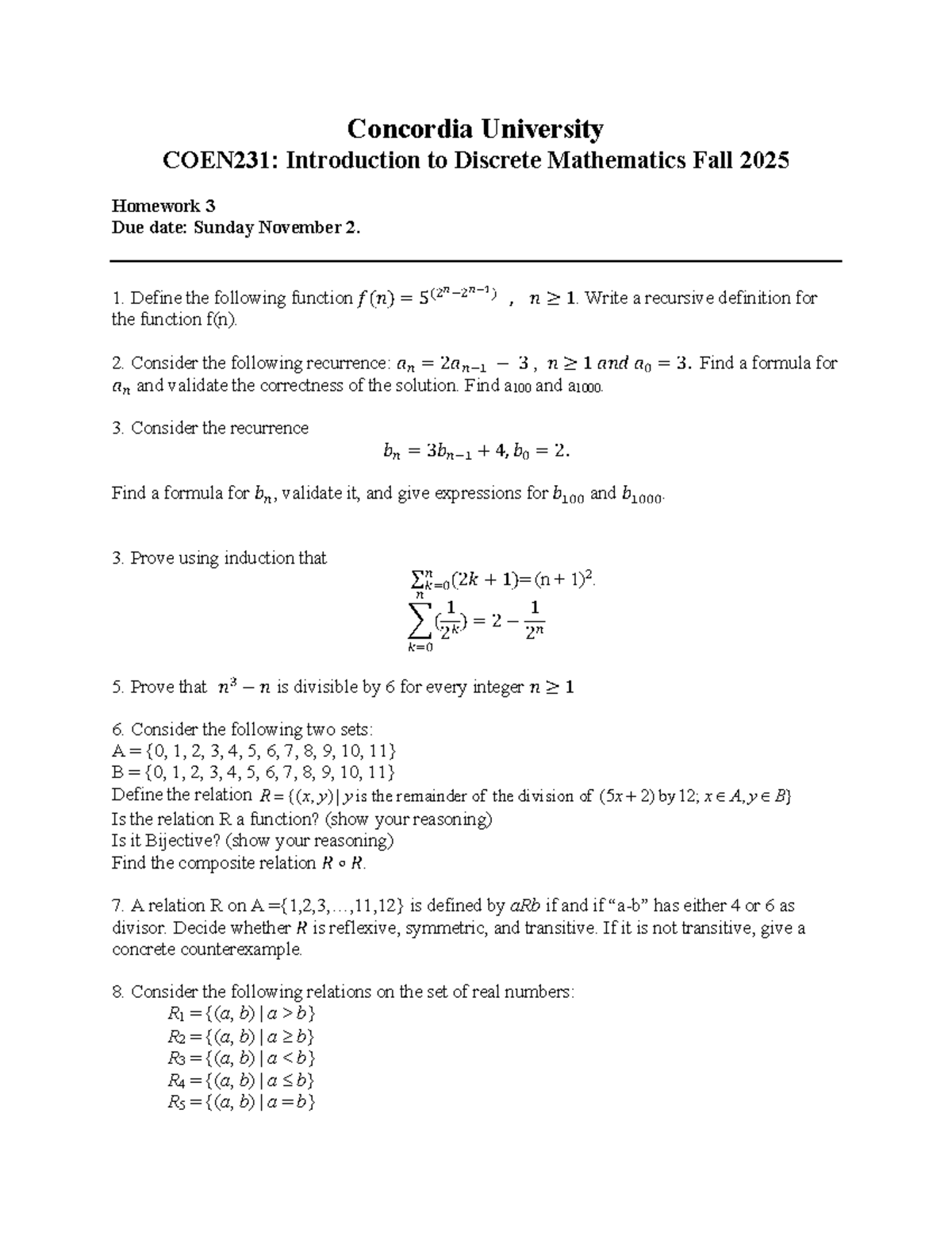 Concordia University COEN231: Discrete Math Fall 2025 Homework 3 - Studocu