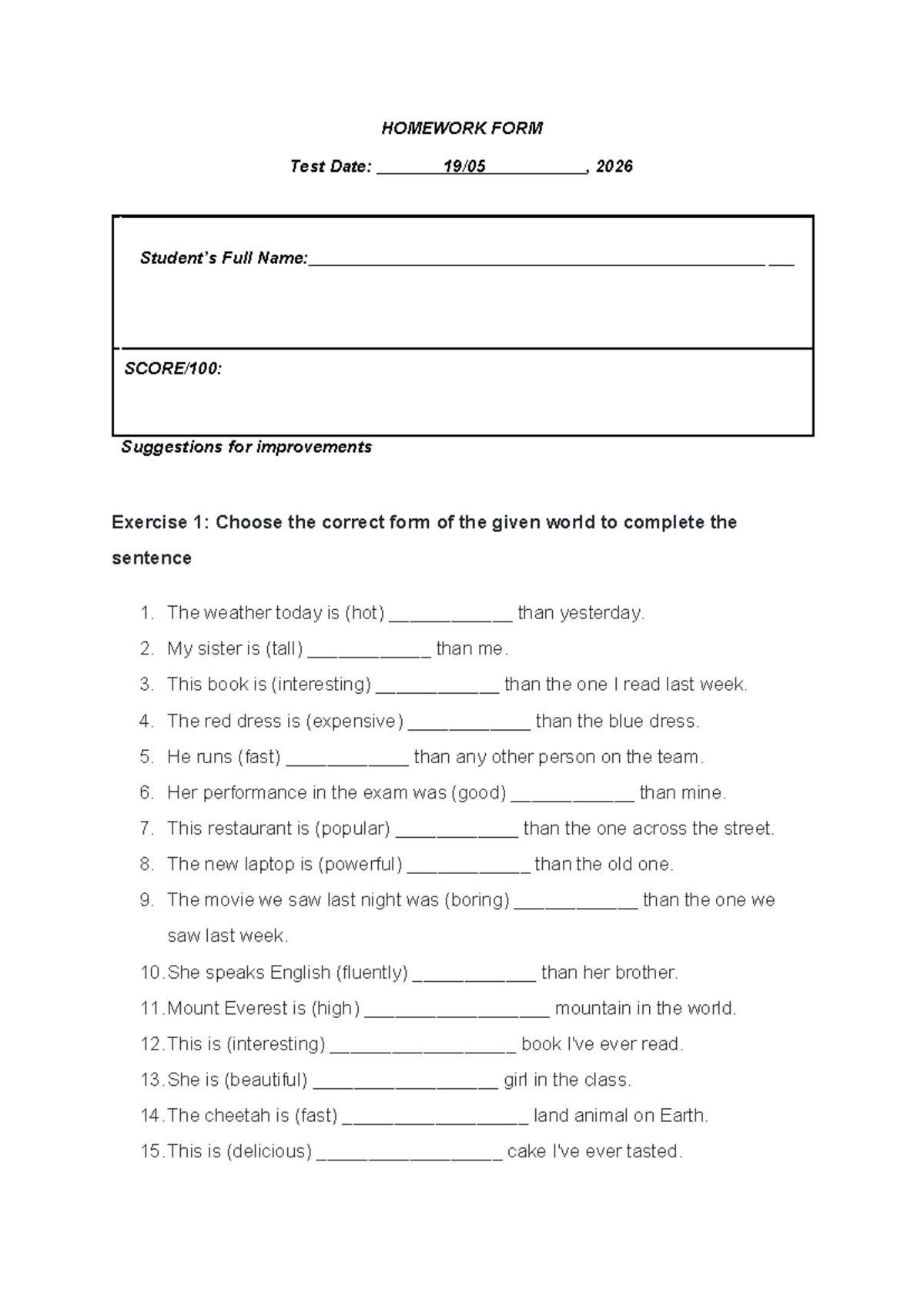 Homework Form - Exercise on Comparative Adjectives - Studocu