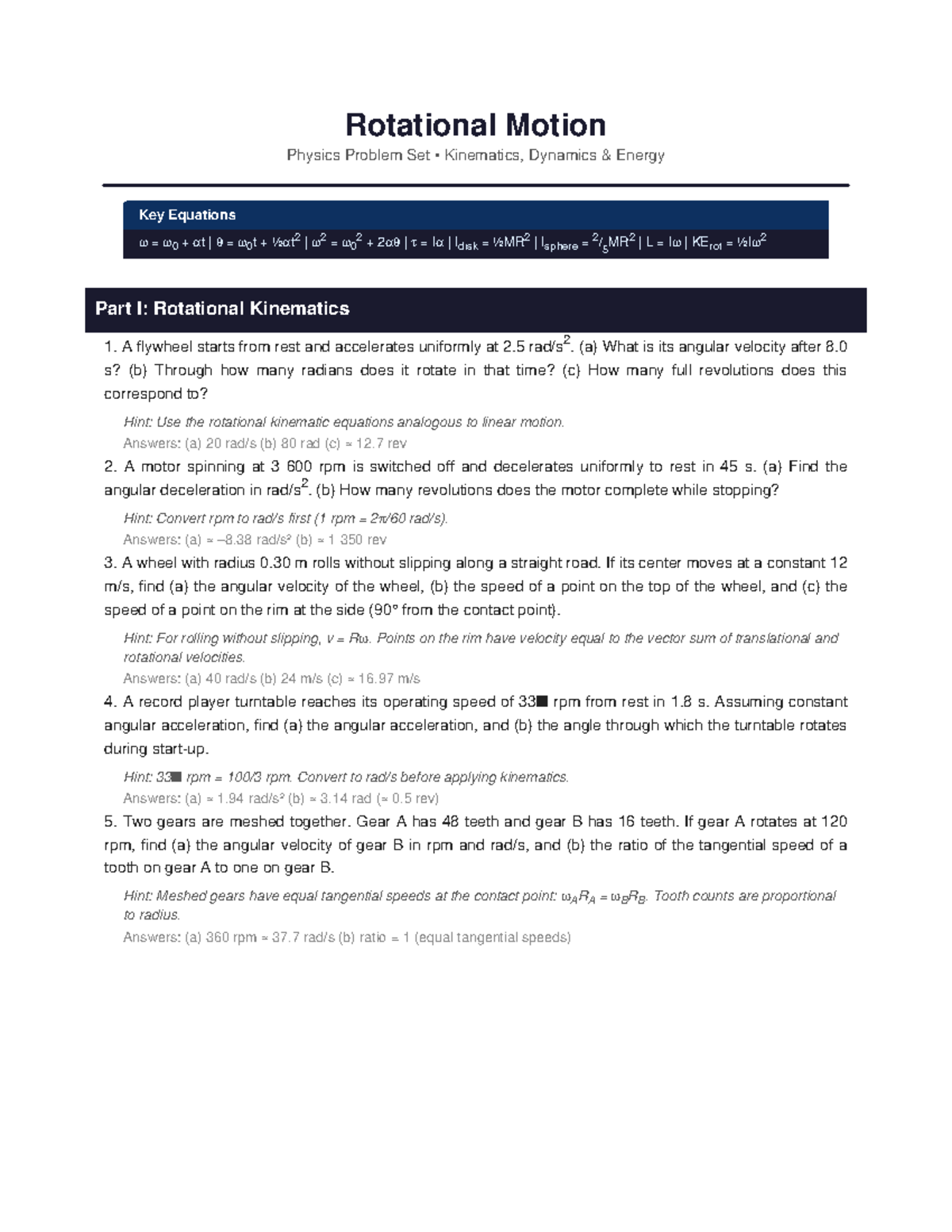Rotational Motion Practice Problems Set PHYS 101 - Studocu