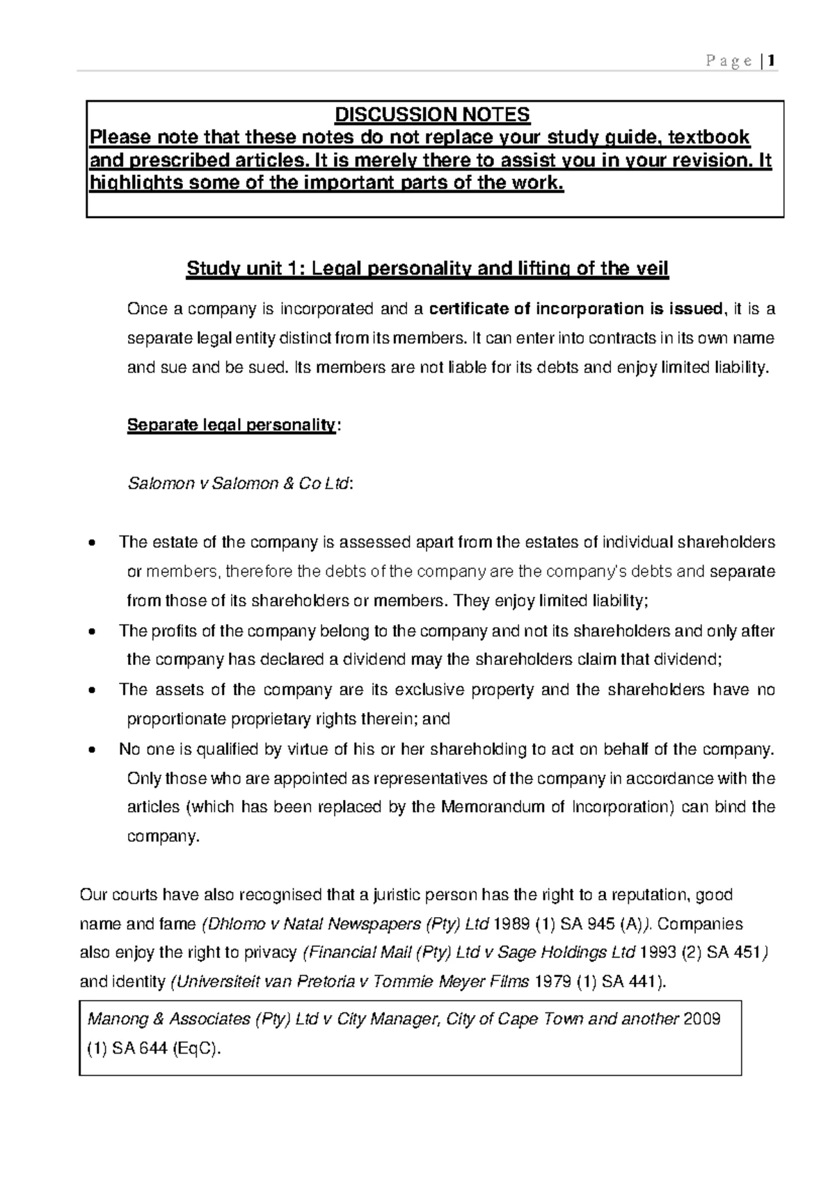 Study unit 4 - Notes - Pre-incorporation contracts 1. How is ‘pre ...