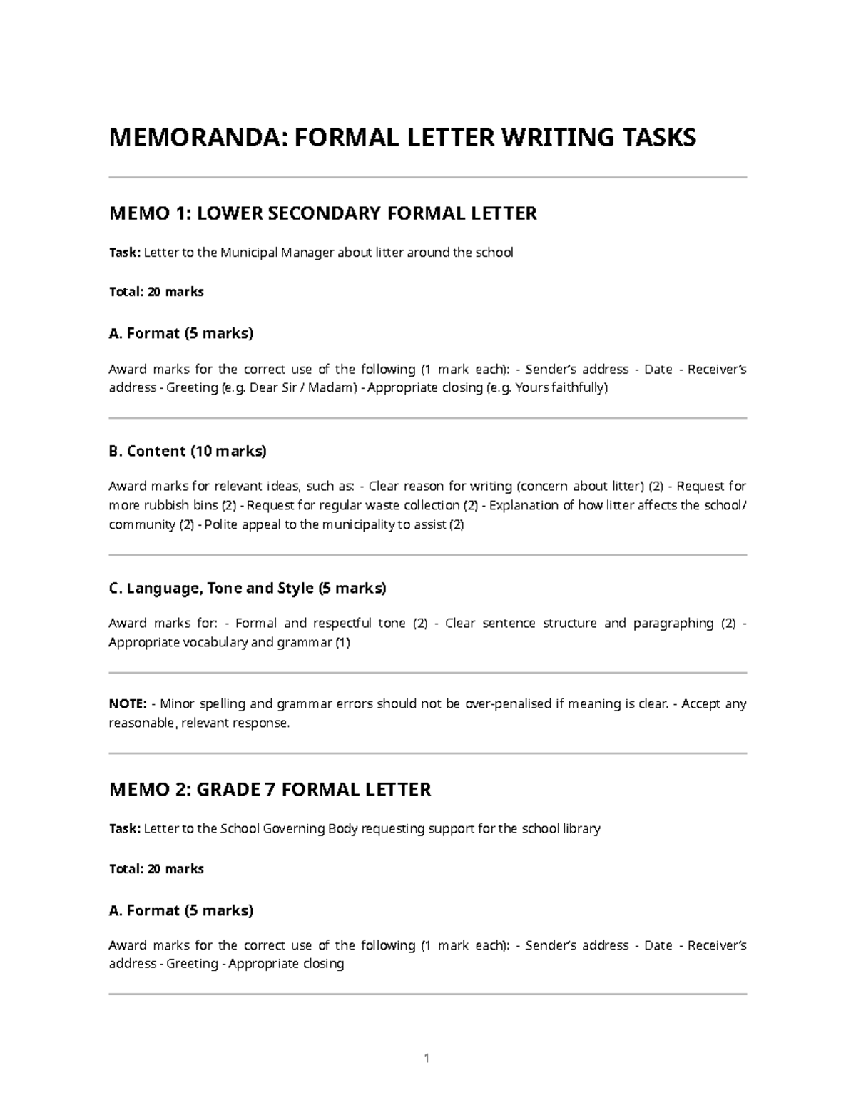 Memos: Formal Letter Writing Tasks for Lower Secondary & Grade 7 - Studocu