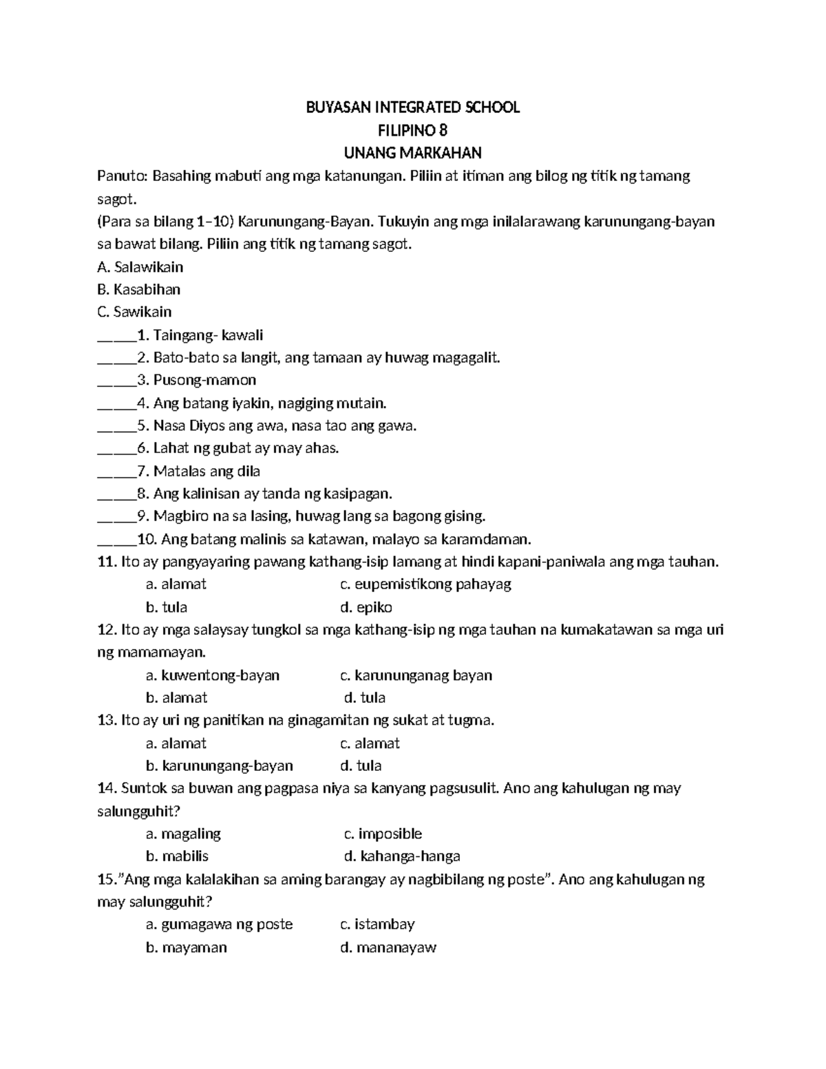 Filipino 8 exam - fiilipino 8 q1 exam - BUYASAN INTEGRATED SCHOOL ...