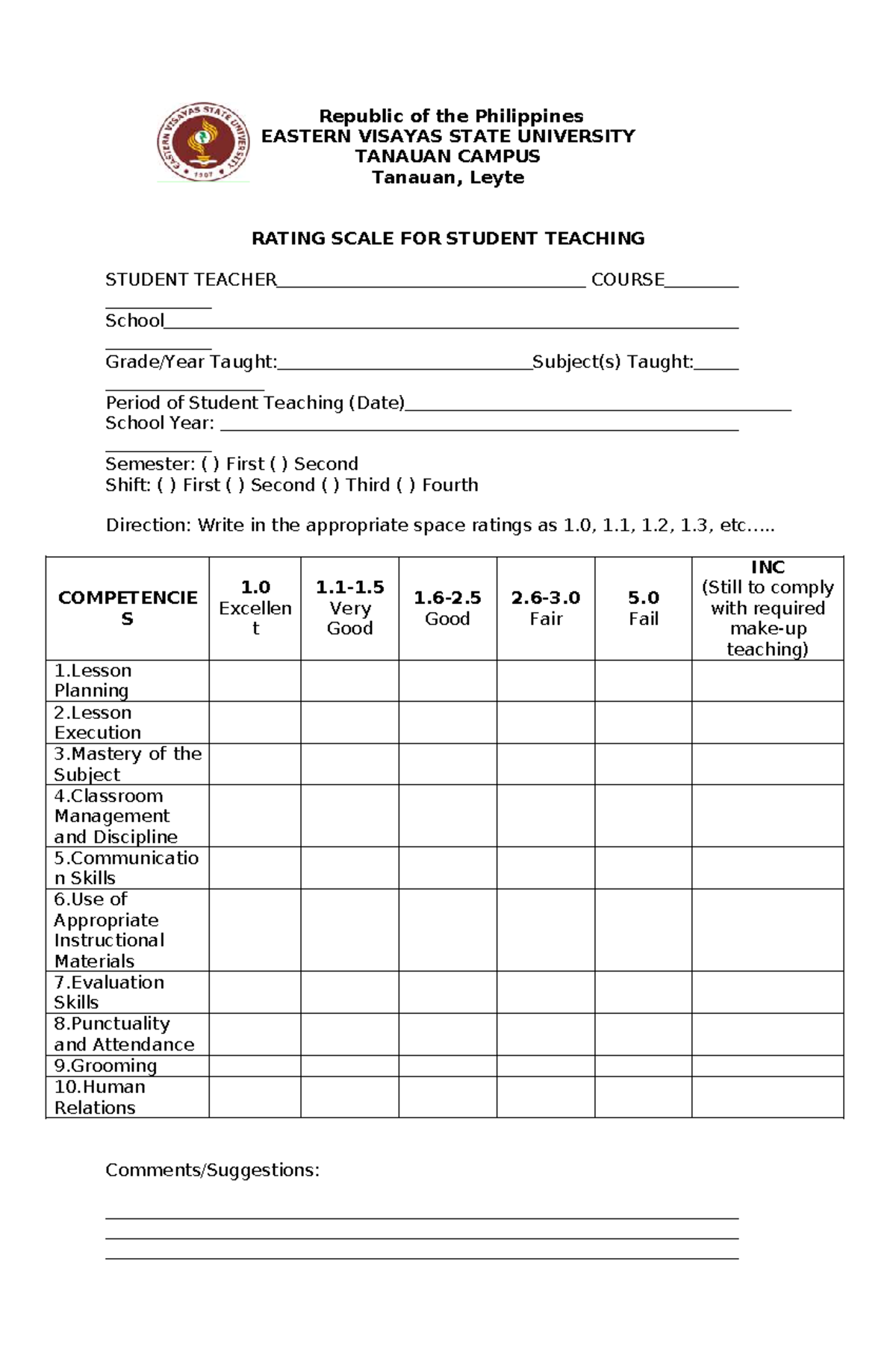 Rating Scale for Student Teachers (EDU 101) - Studocu
