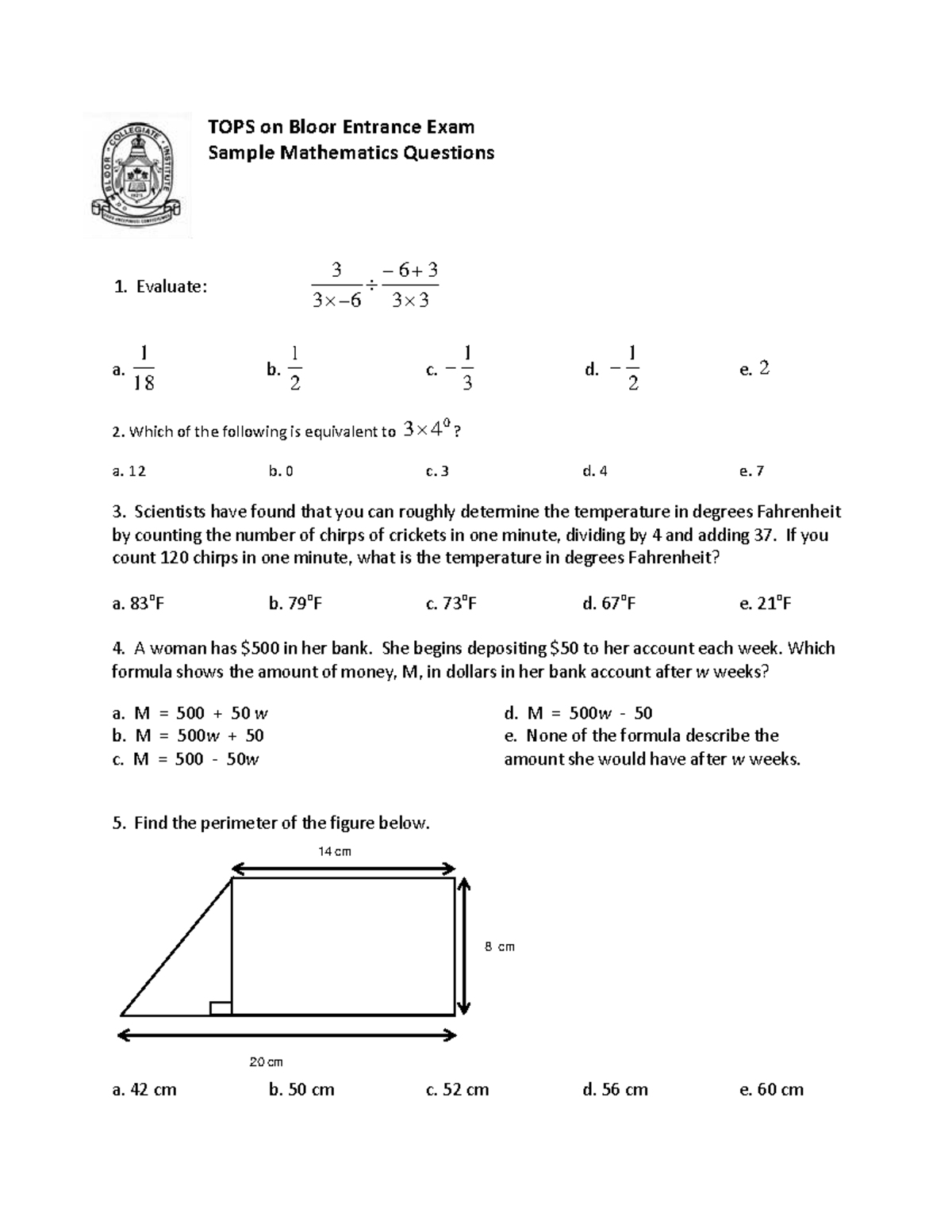 TOPS 3 Math Entrance Exam Sample Questions - Studocu
