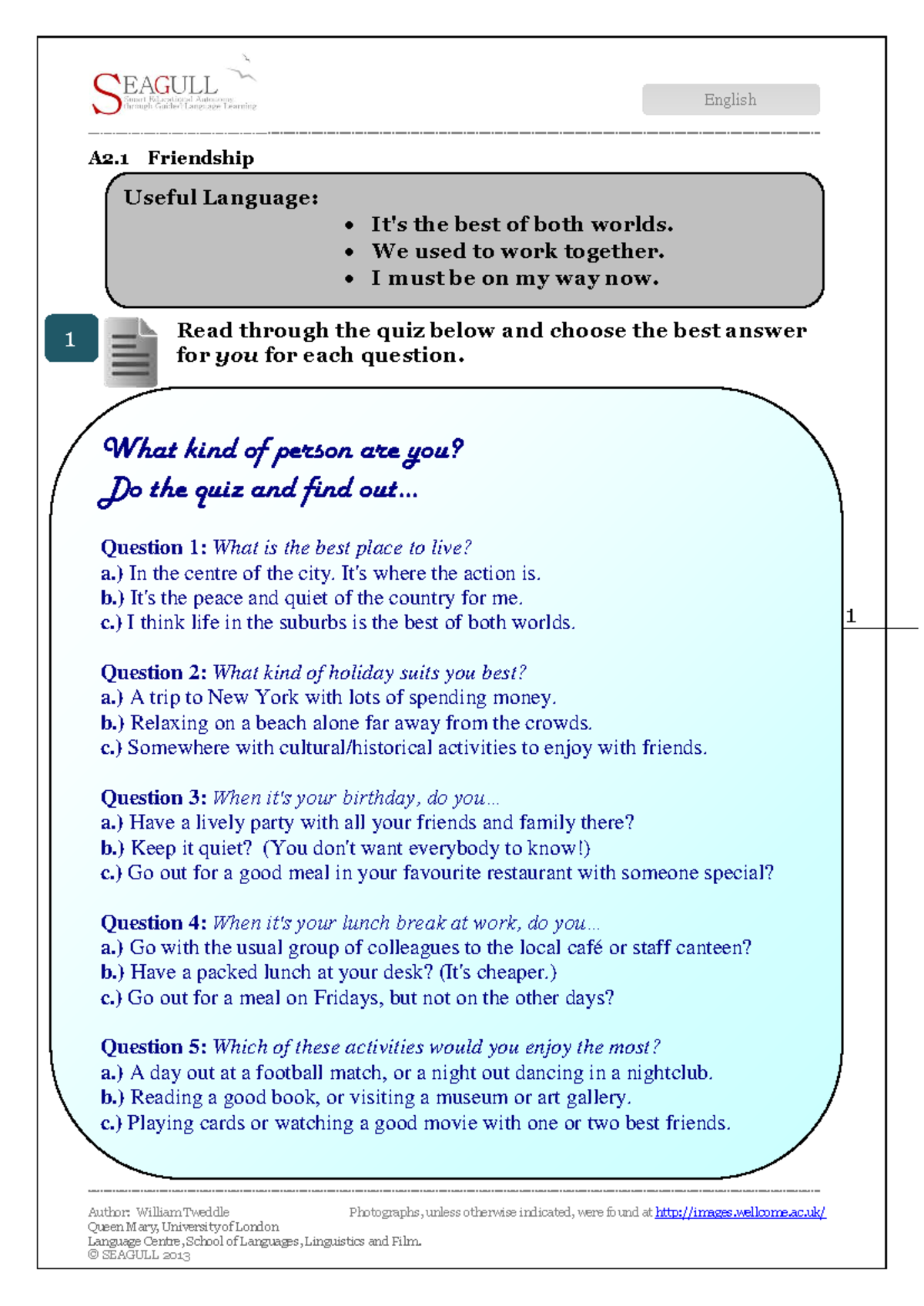 English A2.1 Friendship Quiz and Language Analysis - Studocu