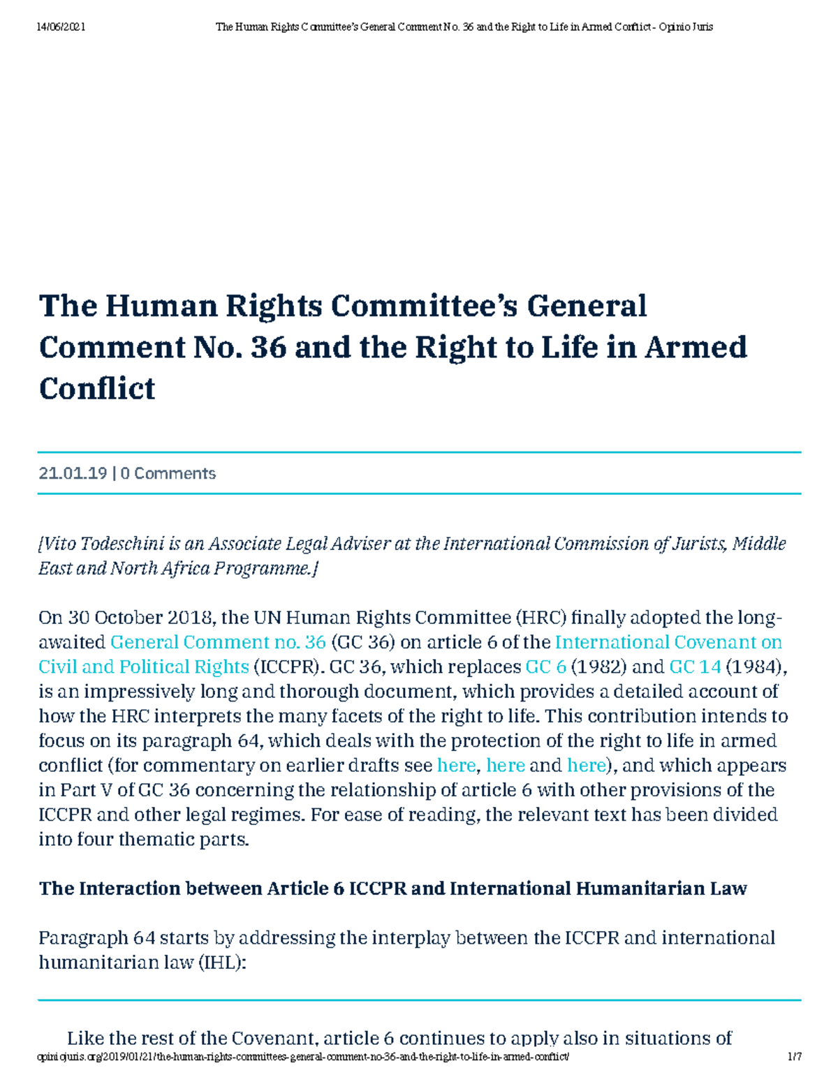 HRC General Comment No. 36: Right to Life in Armed Conflict - Studeersnel