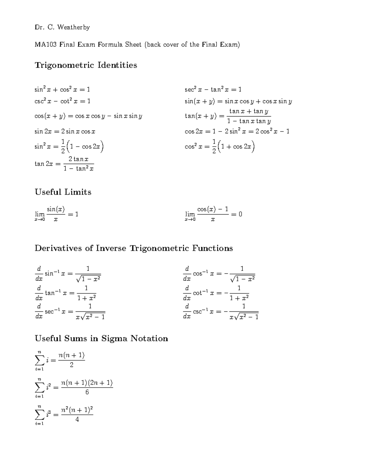MA103 Final Exam Formula Sheet: Trigonometric Identities & Limits - Studocu