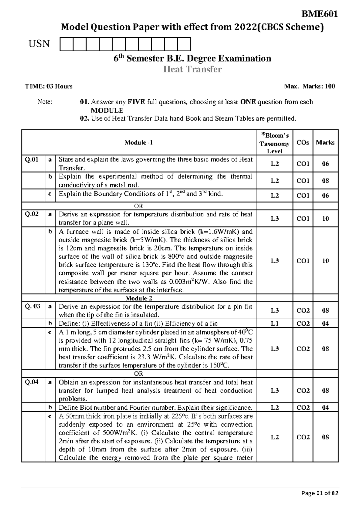 BME601 Heat Transfer Model Question Paper (2022 CBCS Scheme) - Studocu