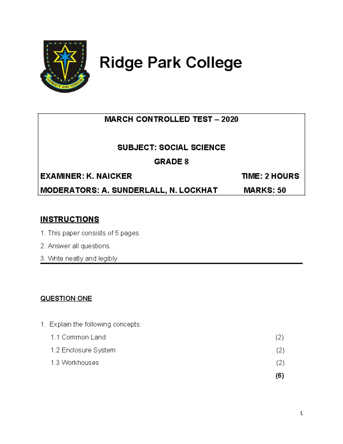 Ridge Park College S.S. Grade 8 March Controlled Test 2020 - Studocu