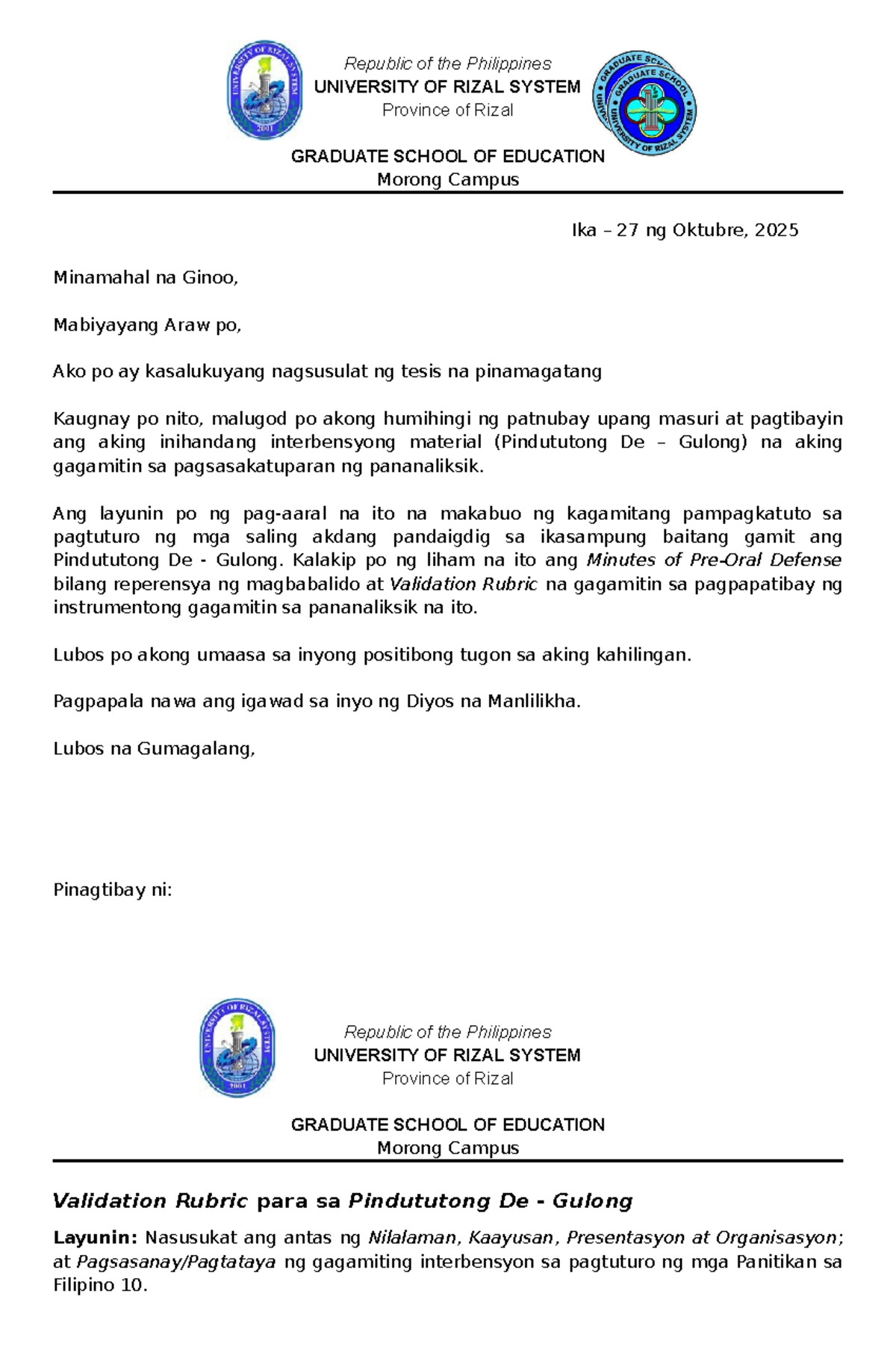 Validation Rubric para sa Pindututong De Gulong - Tesis 2025 - Studocu