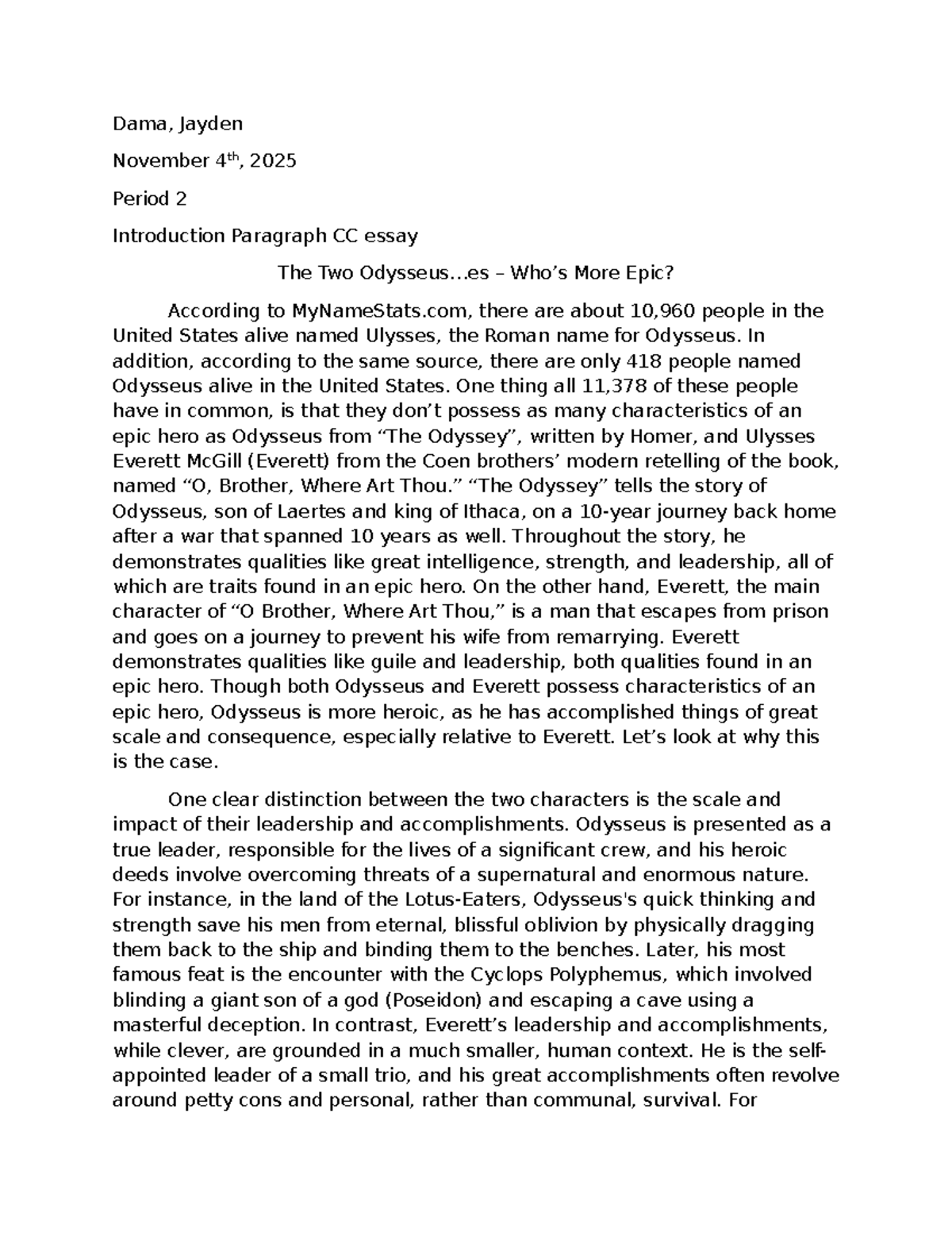 CC Essay: Comparing Epic Heroes - Odysseus vs. Everett - Studocu