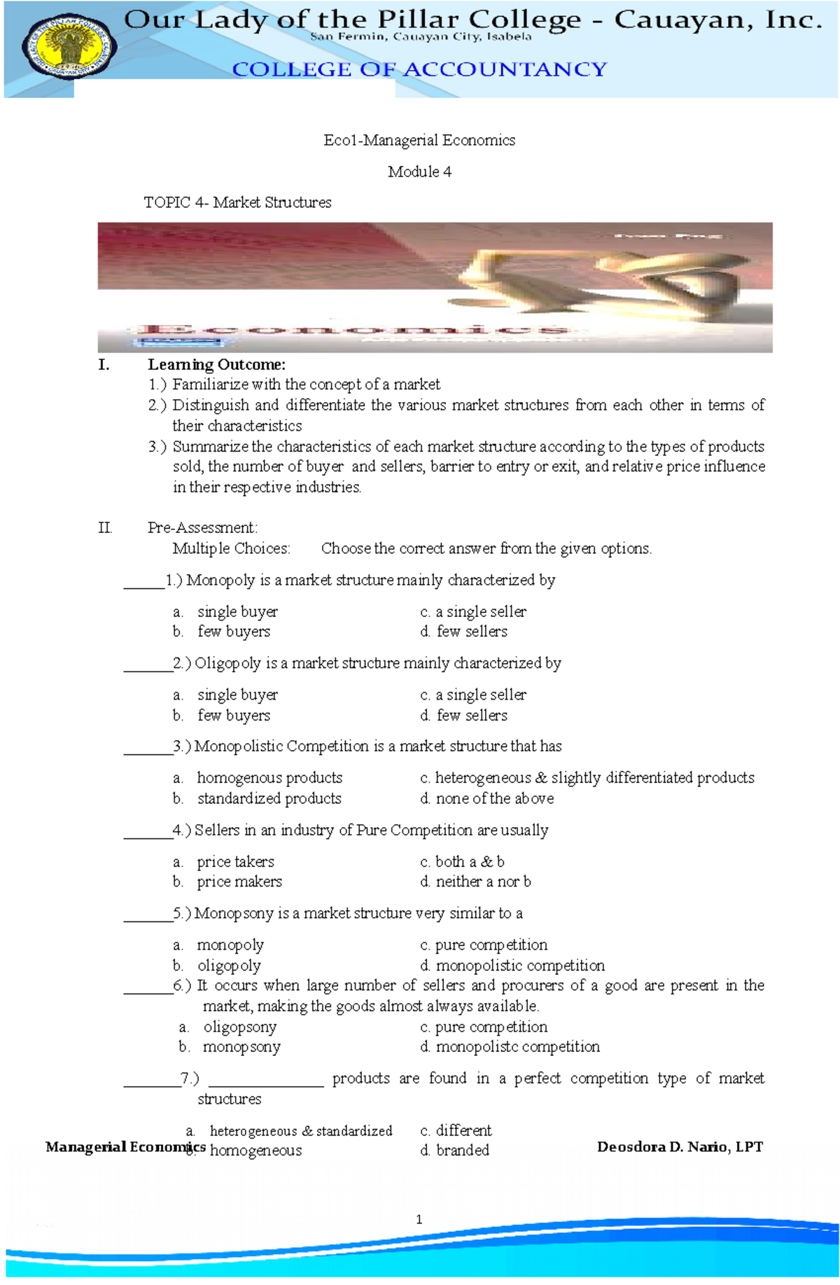 Module 4 - Market Structures in Managerial Economics (Eco1) - Studocu