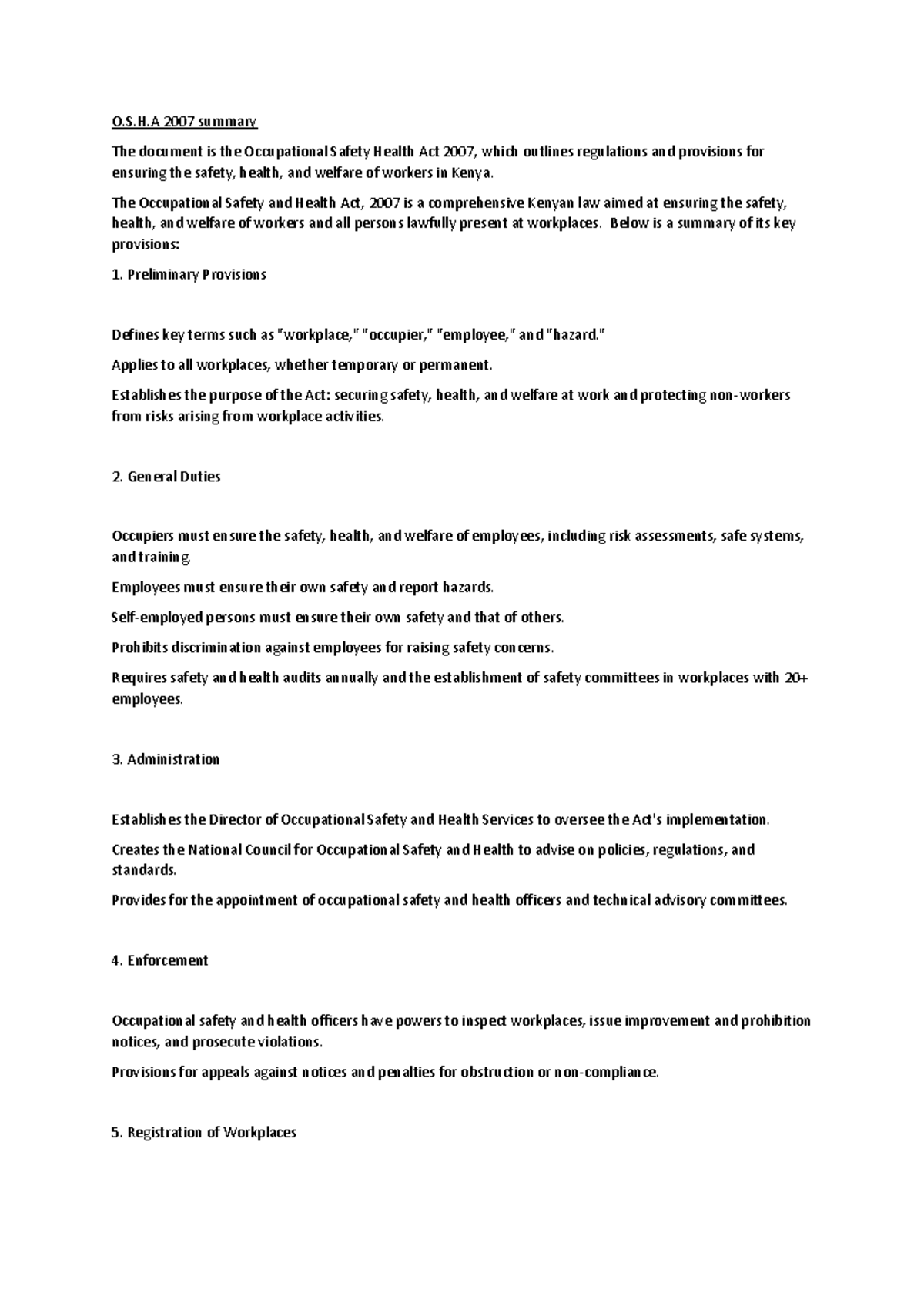OSHA 2007 Summary: Key Provisions for Worker Safety in Kenya - Studocu