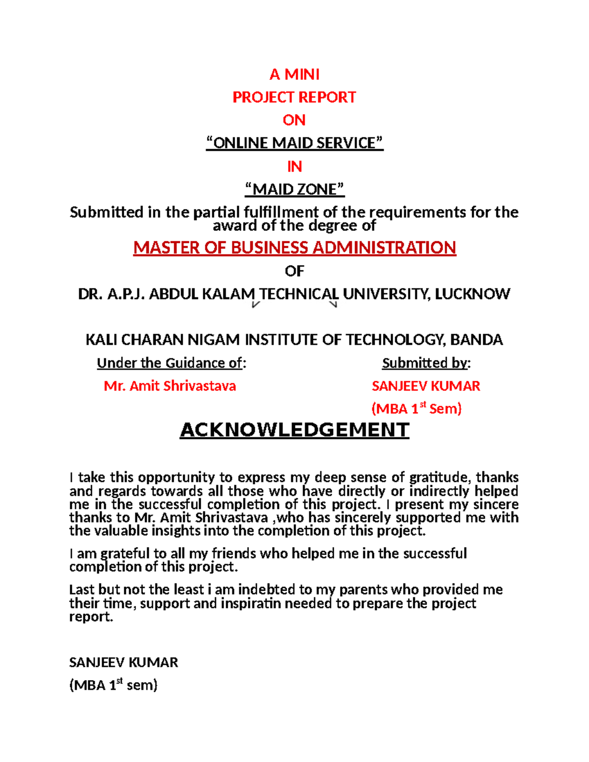 MBA 1st Sem Mini Project Report on Maid Zone Services - Studocu