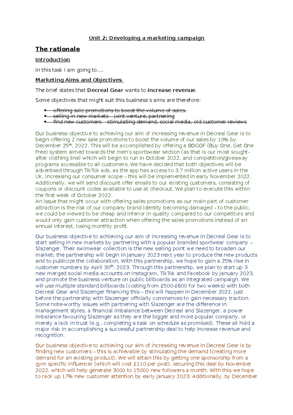 Unit 2 Mock 2022 - Marketing Campaign Strategy for Decreal Gear - Studocu