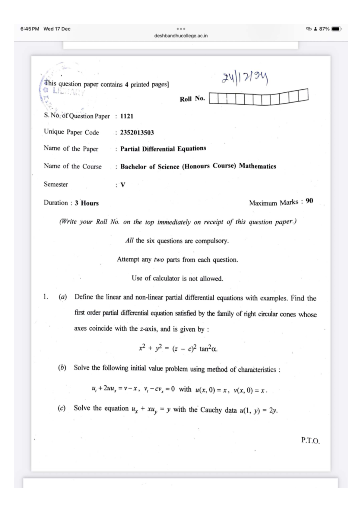 PDE Previous Year Questions - B.Sc. (Hons) Math Sem V - Studocu