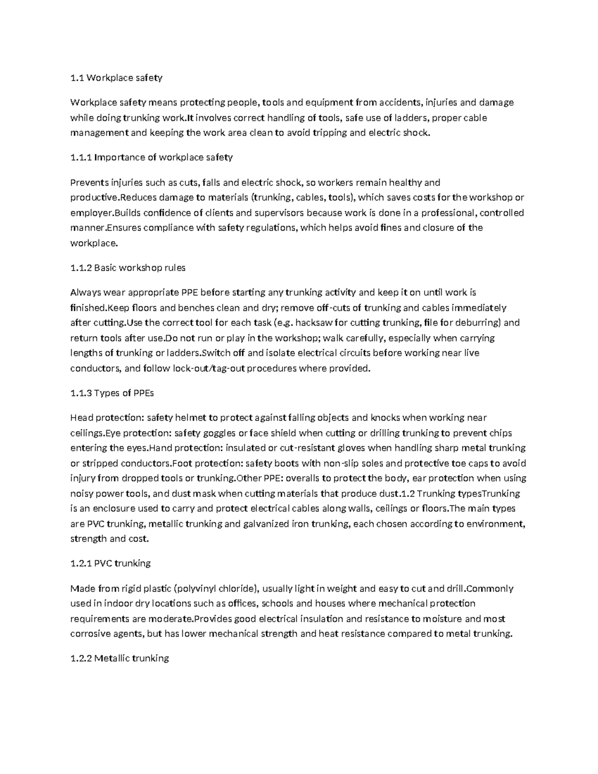 Electrical Installation Notes: Workplace Safety & Trunking Types - Studocu