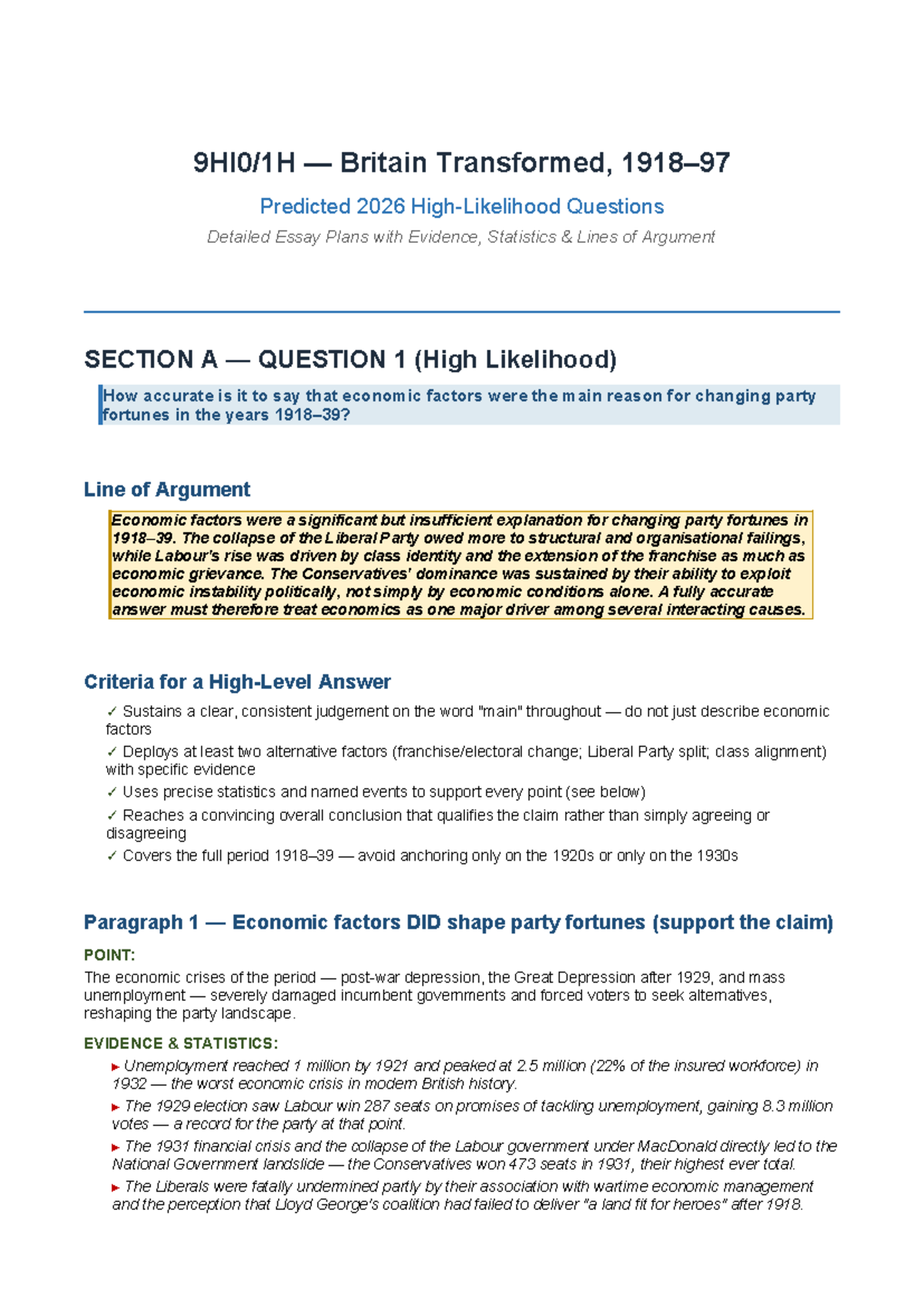 2026 Essay Plans for 9HI0: Analyzing Britain's Political and Social ...