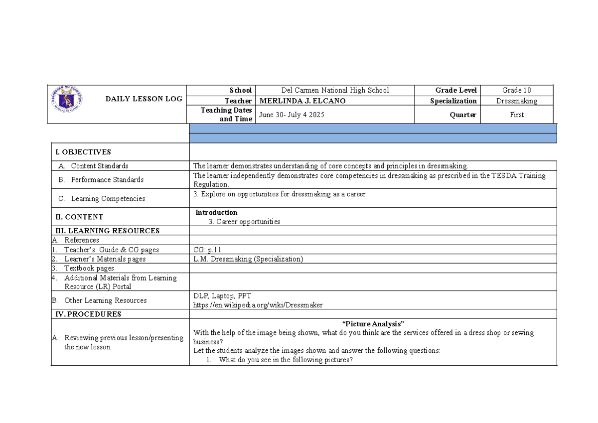 DAILY LESSON LOG: Grade 10 Dressmaking Career Opportunities - Studocu