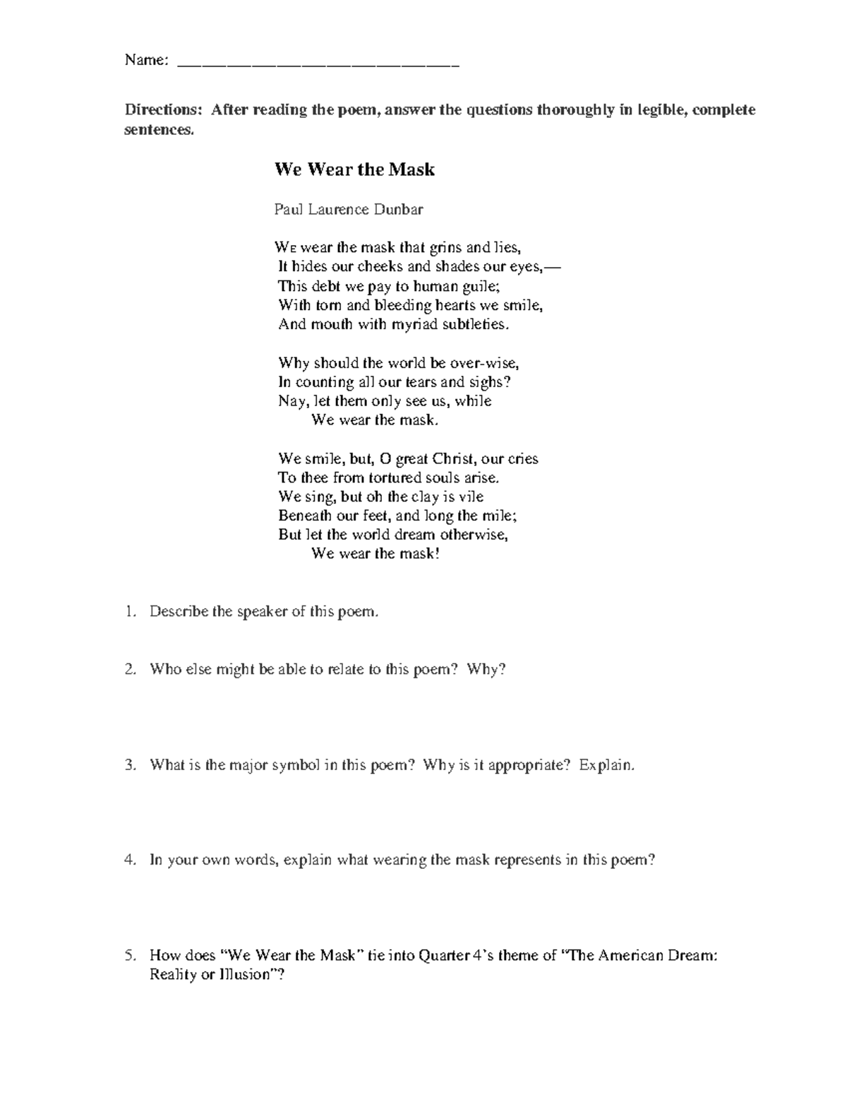 We Wear the Mask: Poem Analysis & Reflection Questions - Studocu