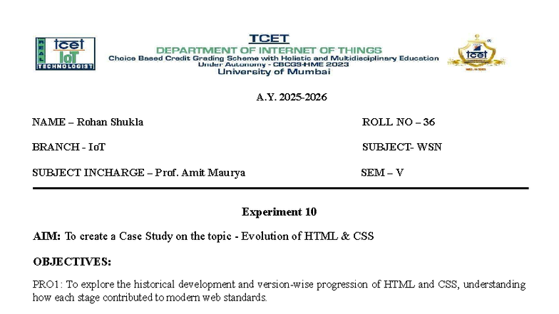 Case Study on Evolution of HTML & CSS - IoT WSN - Exp 10 - Studocu