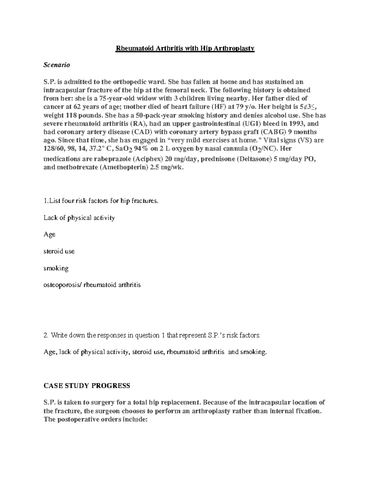 Case Study: Rheumatoid Arthritis & Hip Arthroplasty in Med Surg - Studocu