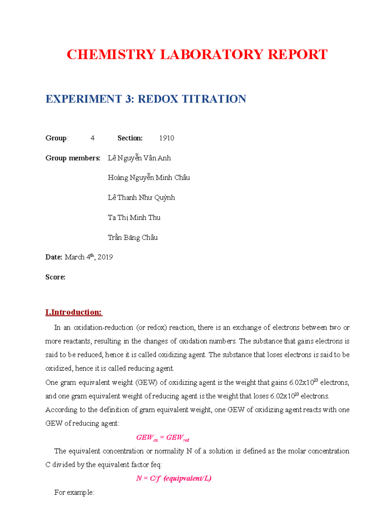 Chemistry Lab Report 3: Redox Titration Analysis and Results - Studocu