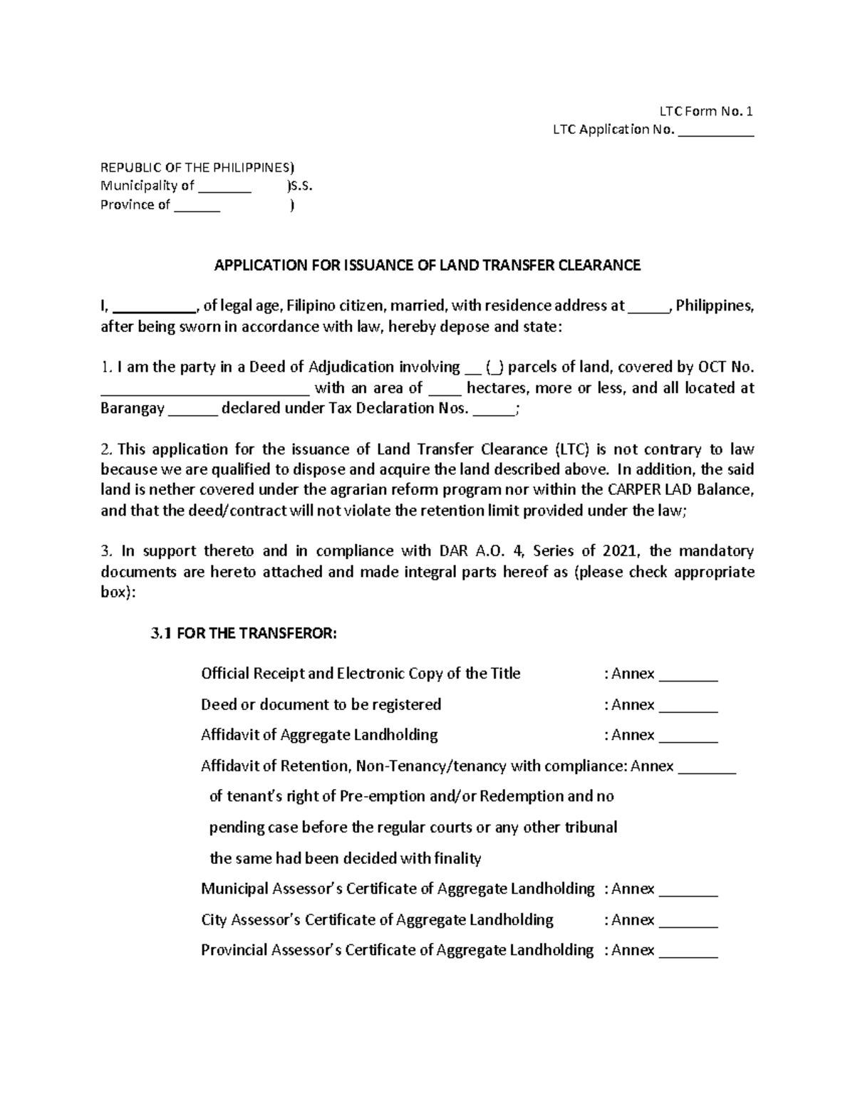 LTC Form No. 1: Application for Land Transfer Clearance Requirements ...