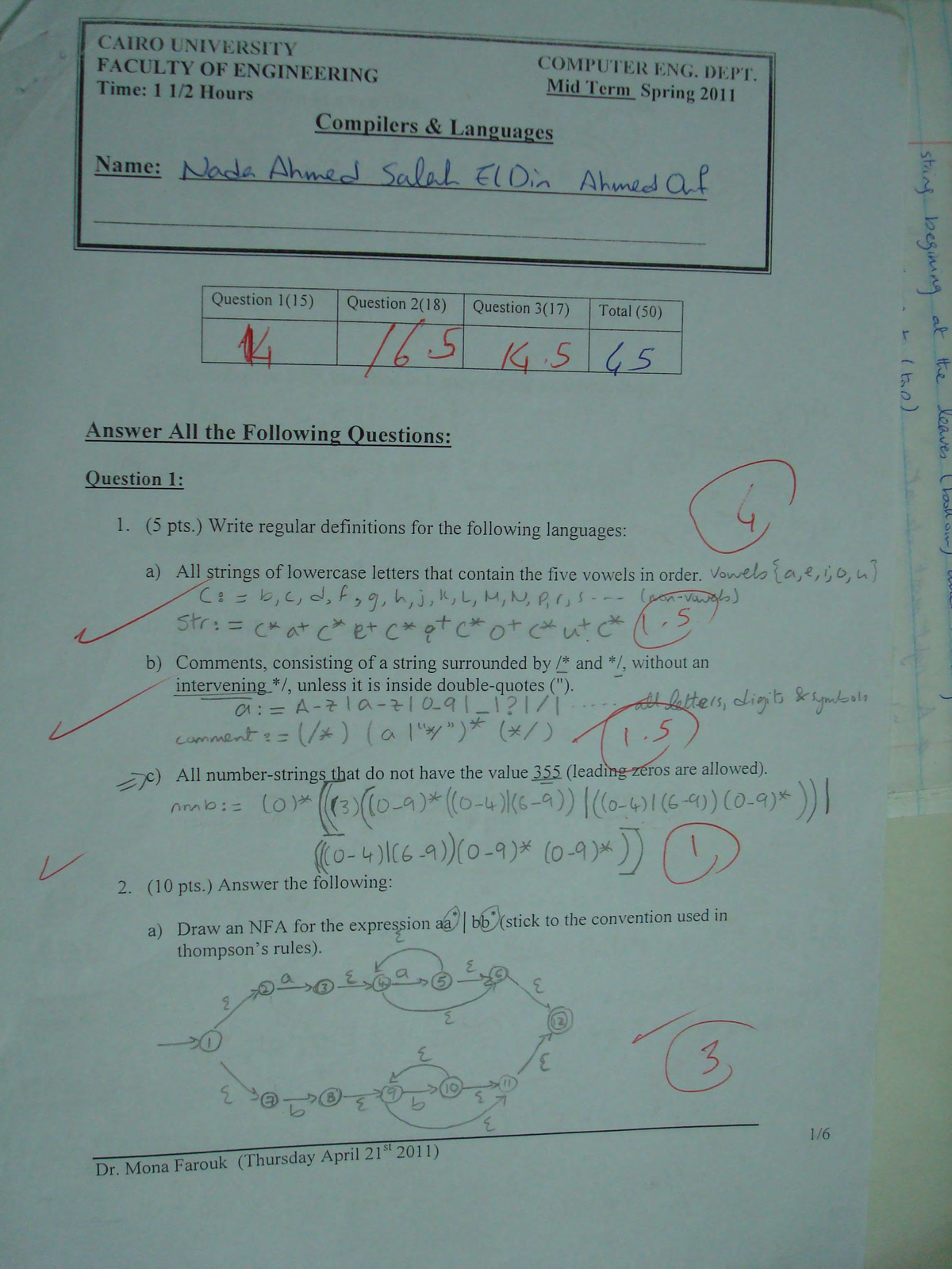 Mid 2011 Sol - final exam - Compiler Design - Studocu