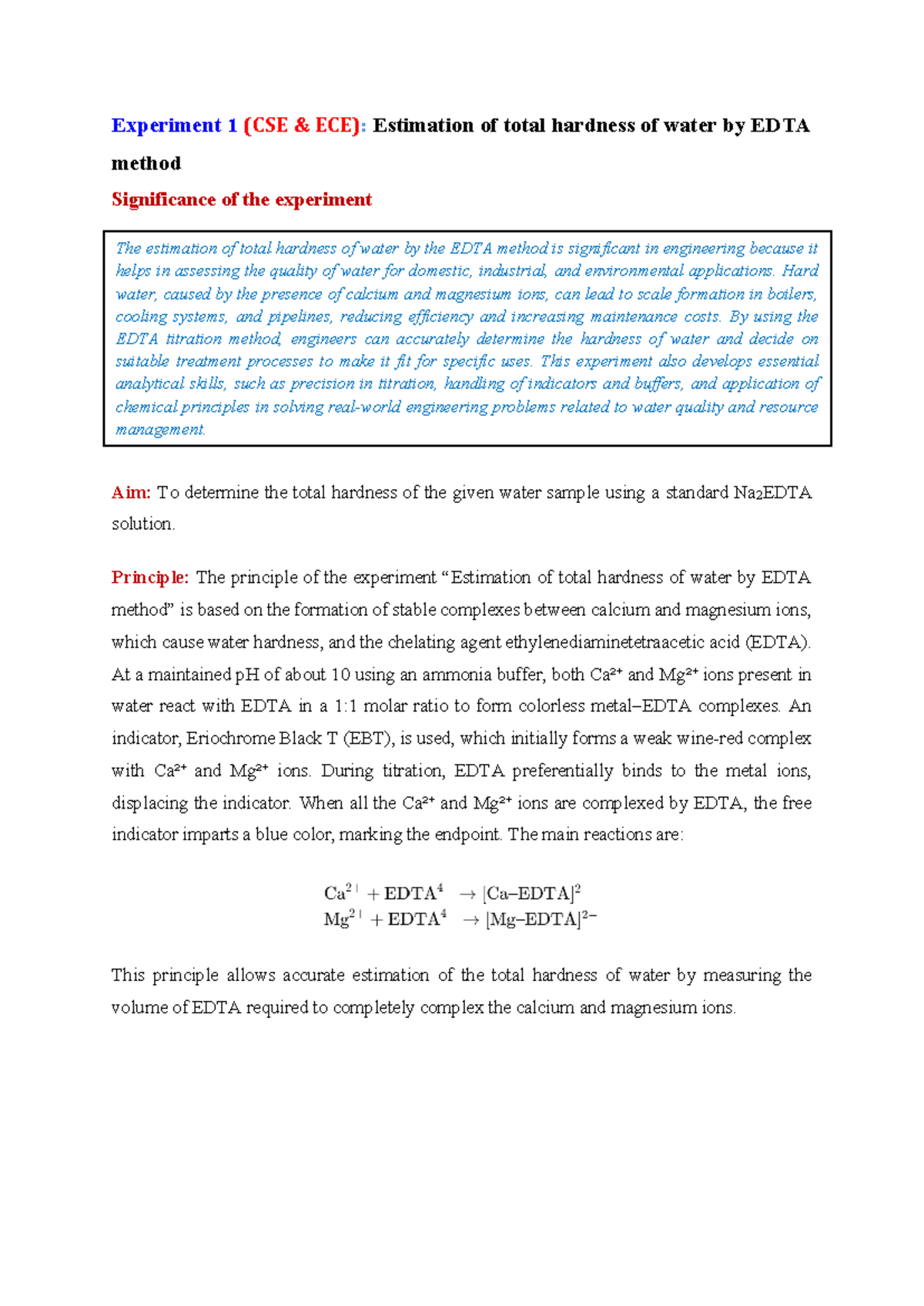 Experiment 1 (CSE ECE): Total Hardness of Water via EDTA Titration ...