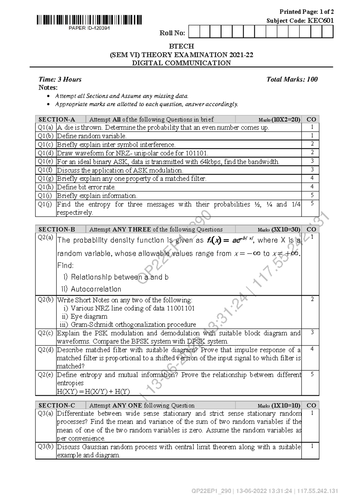 Digital Communication Theory Exam - KEC601 (B.Tech Sem VI) - Studocu