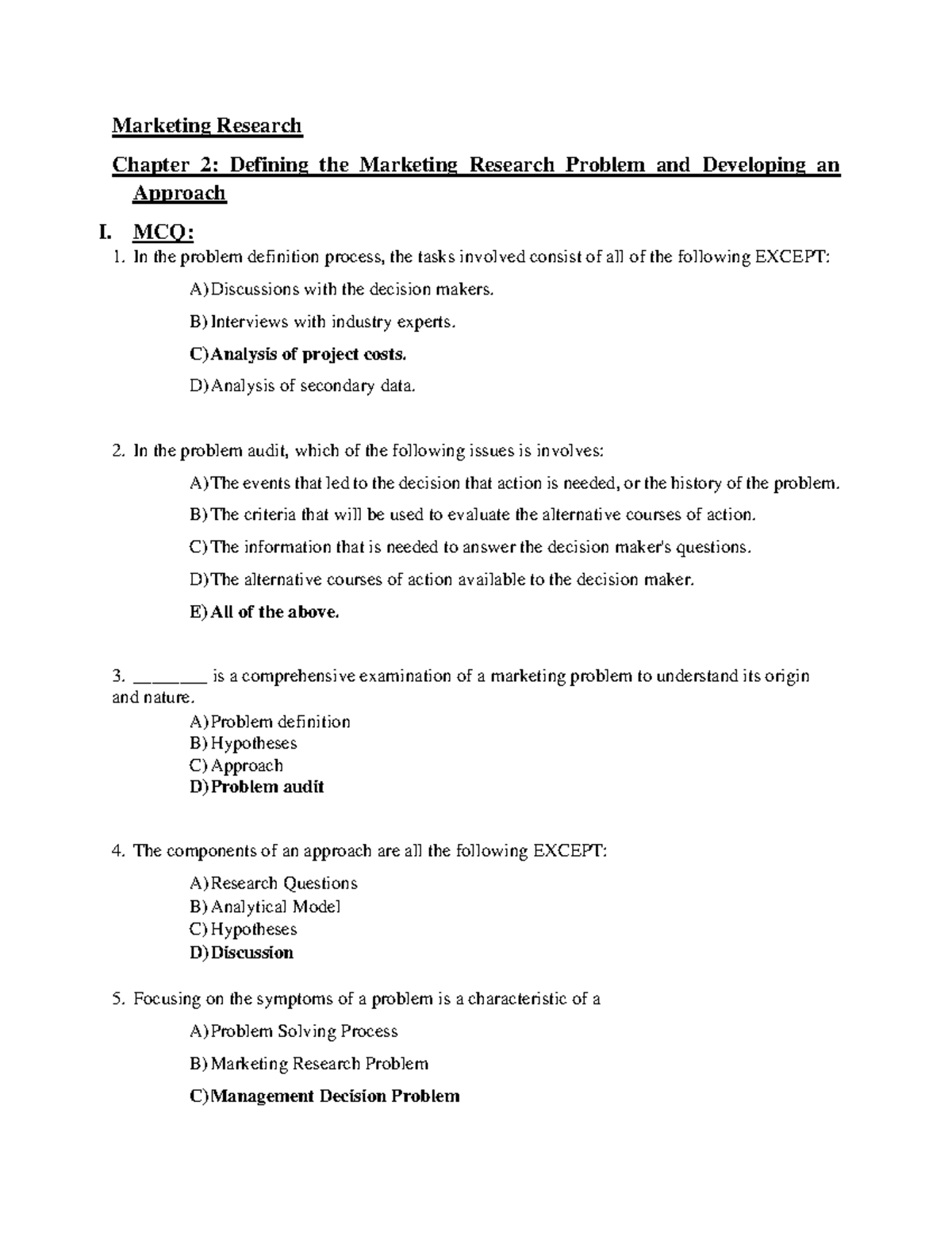 MR (chapter 2) - test bank - Marketing Research Chapter 2: Defining the ...