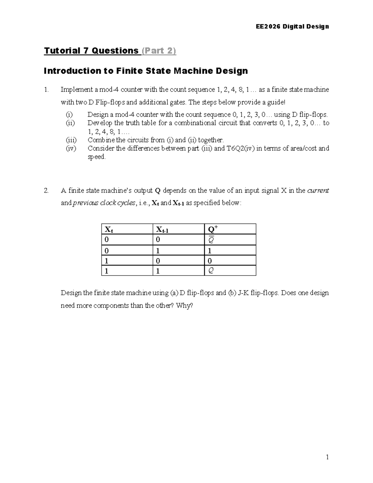 EE2026 Digital Design Tutorial 7: Finite State Machine Design - Studocu