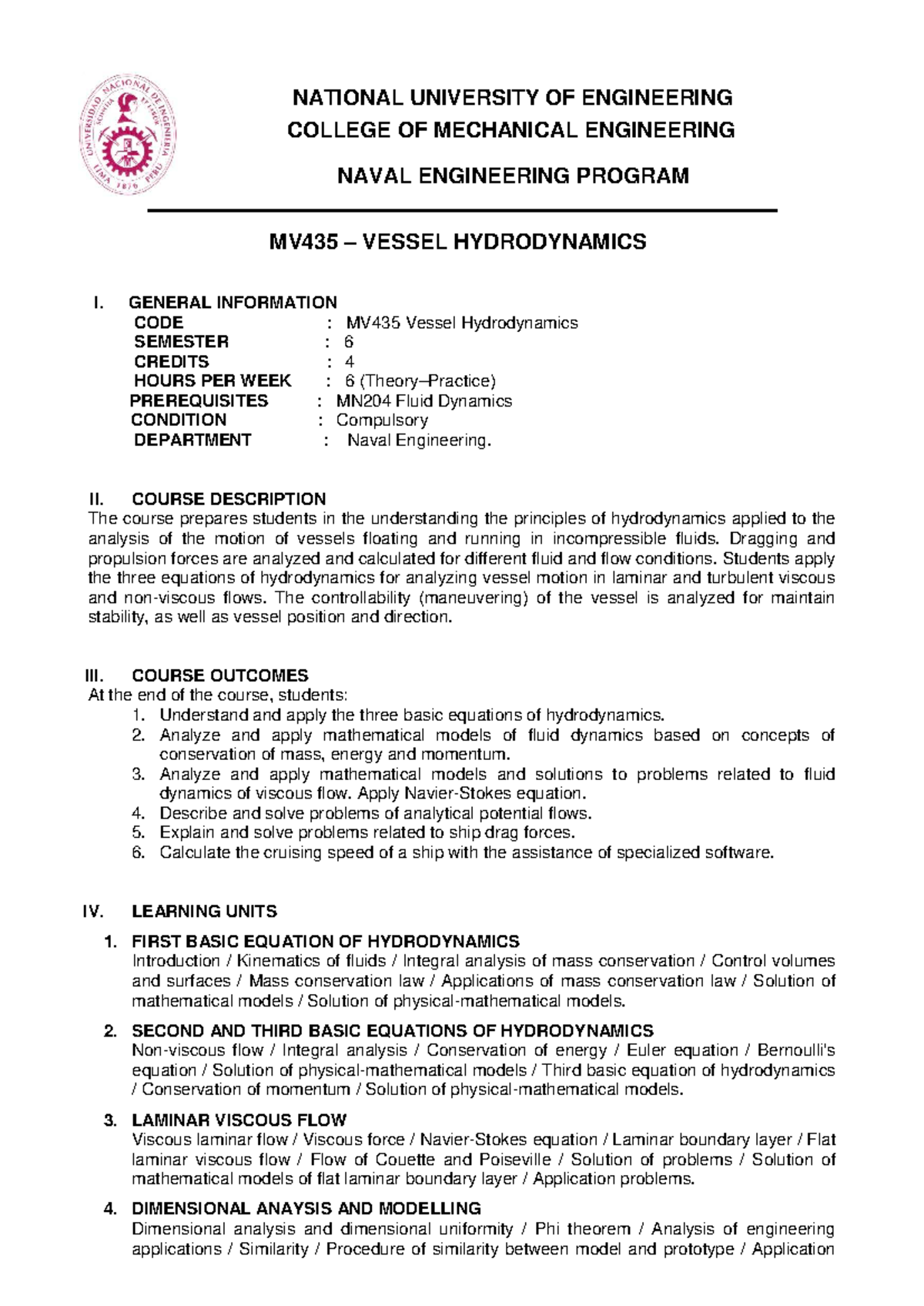 MV435 Vessel Hydrodynamics: Course Overview and Learning Units - Studocu