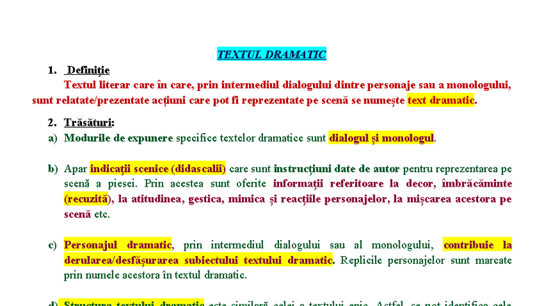TEXTUL DRAMATIC 1: Definiții și Trăsături Esențiale - Studocu
