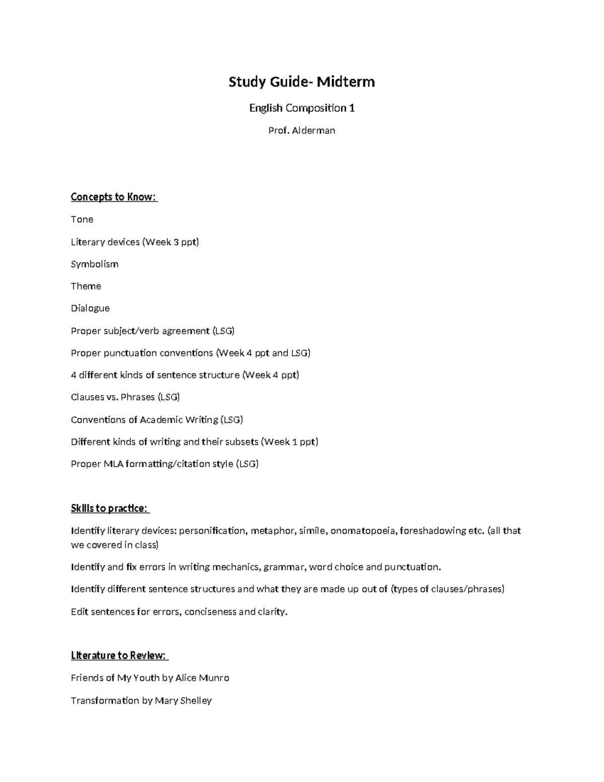 Midterm Study Guide for ENG 101: Key Concepts & Skills - Studocu