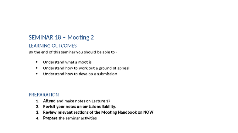 SEMINAR 18 Mooting 2: Learning Outcomes & Preparation Guide - Studocu
