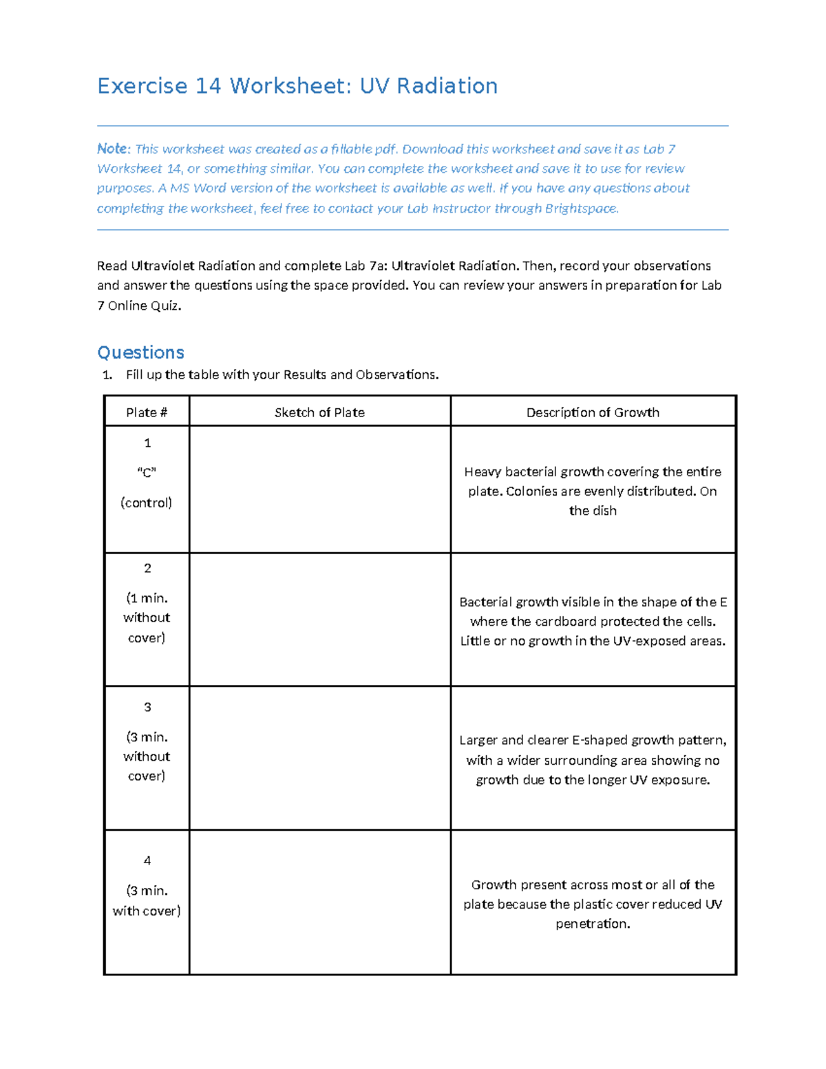 Lab 7 Worksheet: UV Radiation Observations and Results - Studocu